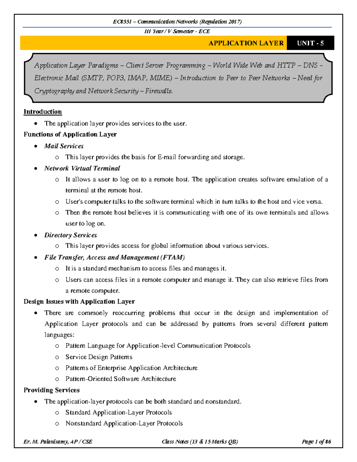 CN (III YEAR) UNIT V (39 C x 86 P) - III Year / V Semester - ECE APPLICATION LAYER UNIT - 5 ...