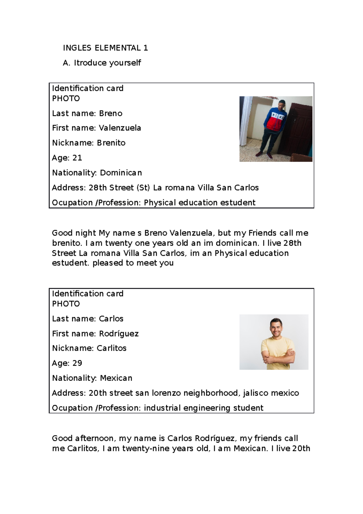 Presentaciones Ingles Elemental - INGLES ELEMENTAL 1 A. Itroduce ...