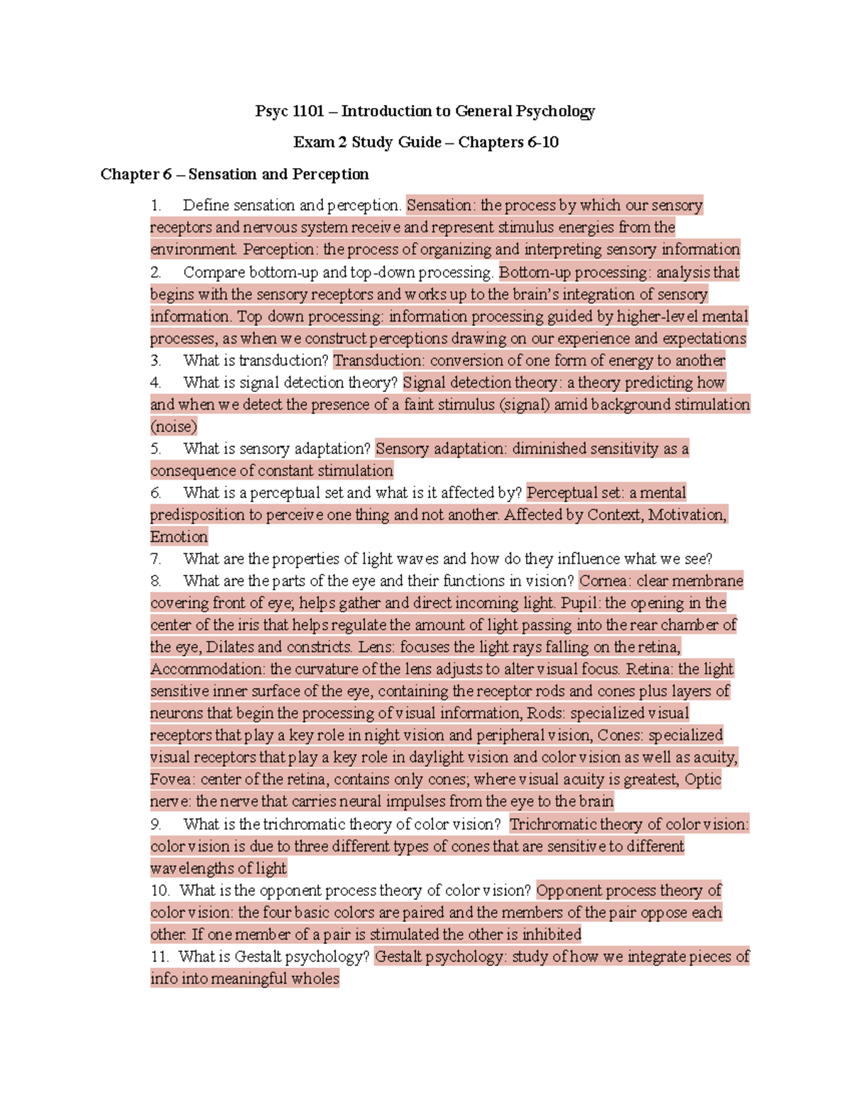 Exam 2 Study Guide - Psyc 1101 – Introduction to General Psychology ...