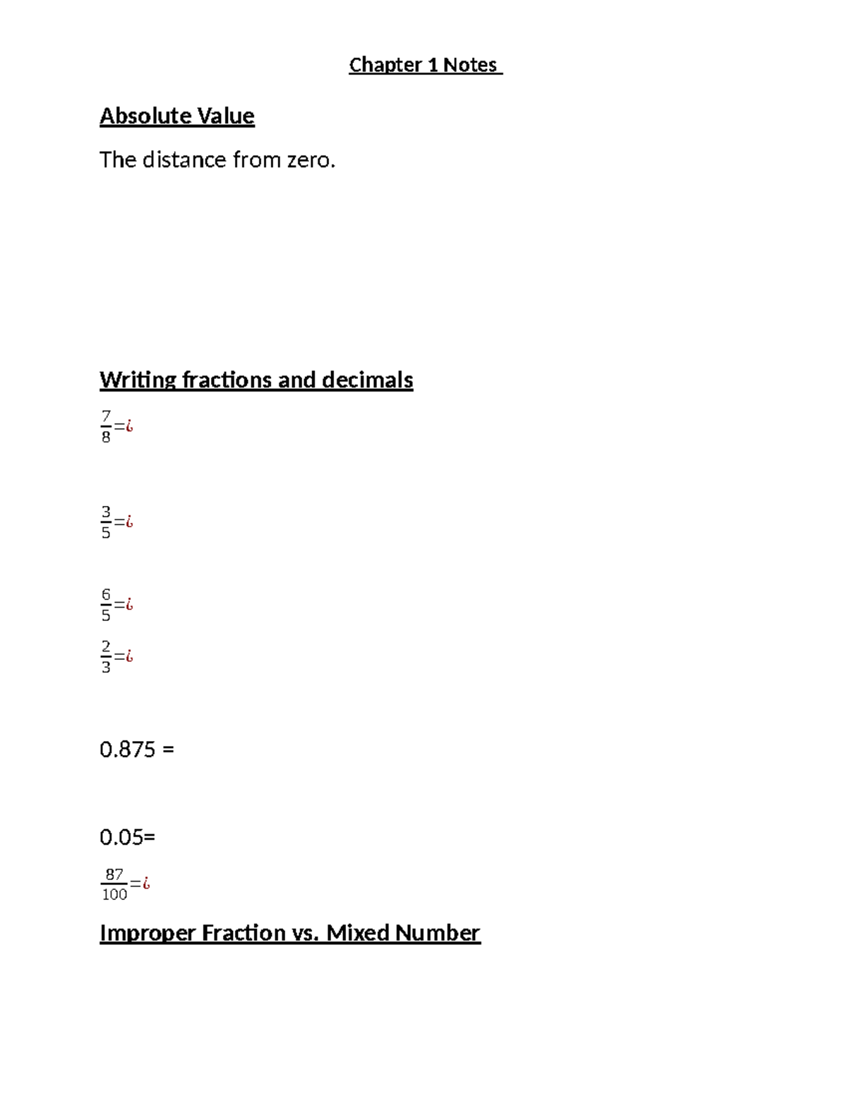 Chapter 1 Notes Template - Absolute Value The distance from zero ...