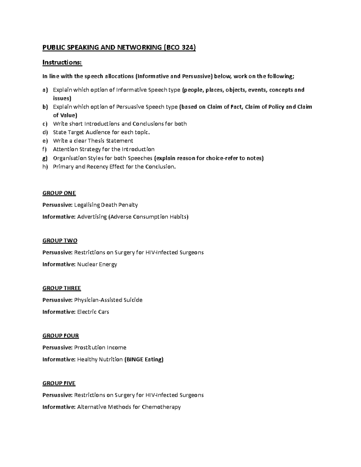 Assignment-BCO 324 - Good questions - PUBLIC SPEAKING AND NETWORKING (BCO 324) Instructions: In ...