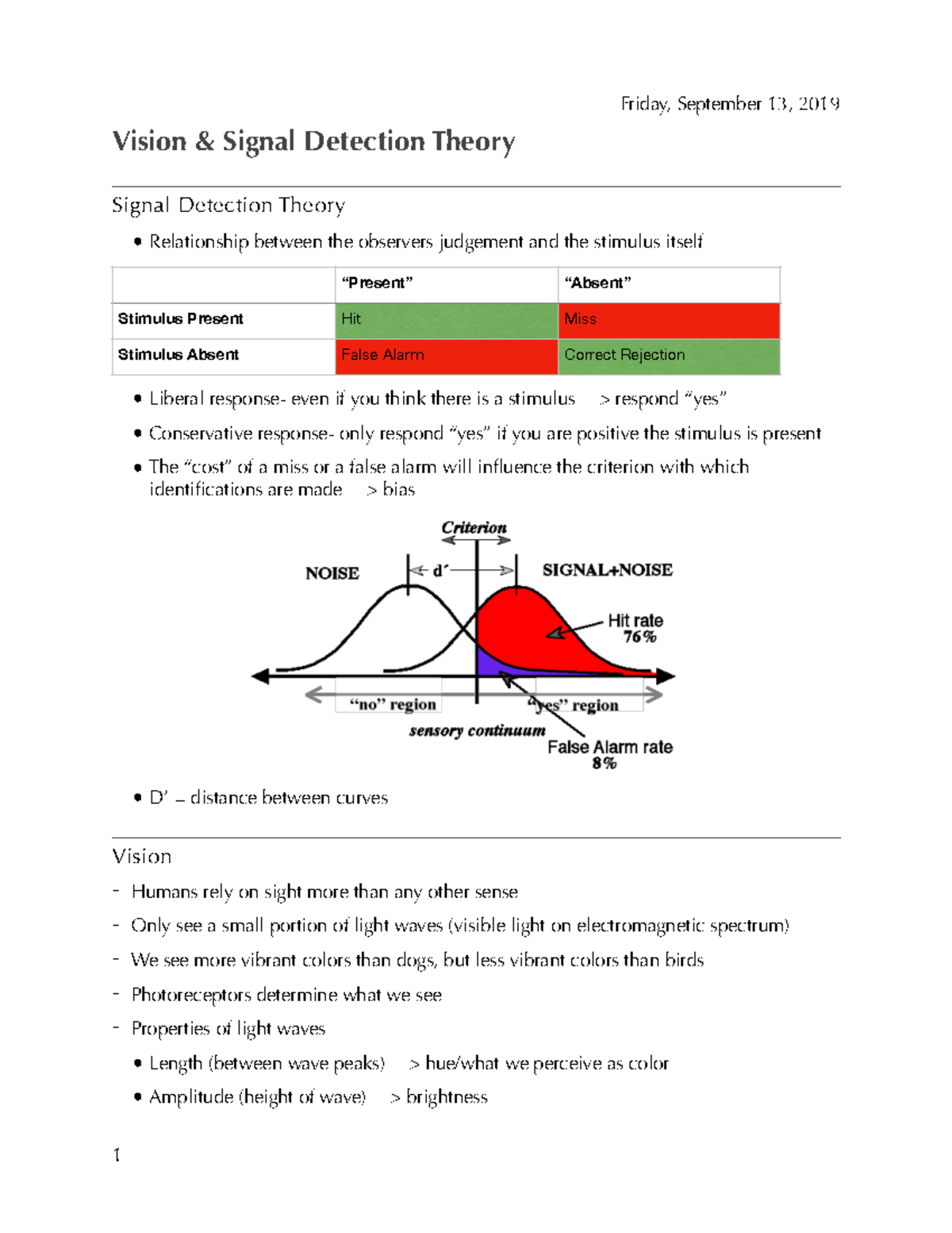 Vision and Signal Detection Theory - Friday, September 13, 2019 Vision ...