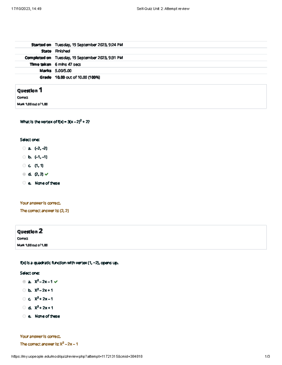 Self-Quiz Unit 2 Attempt review - 17/10/2023, 14:49 Self-Quiz Unit 2: Attempt review - Studocu