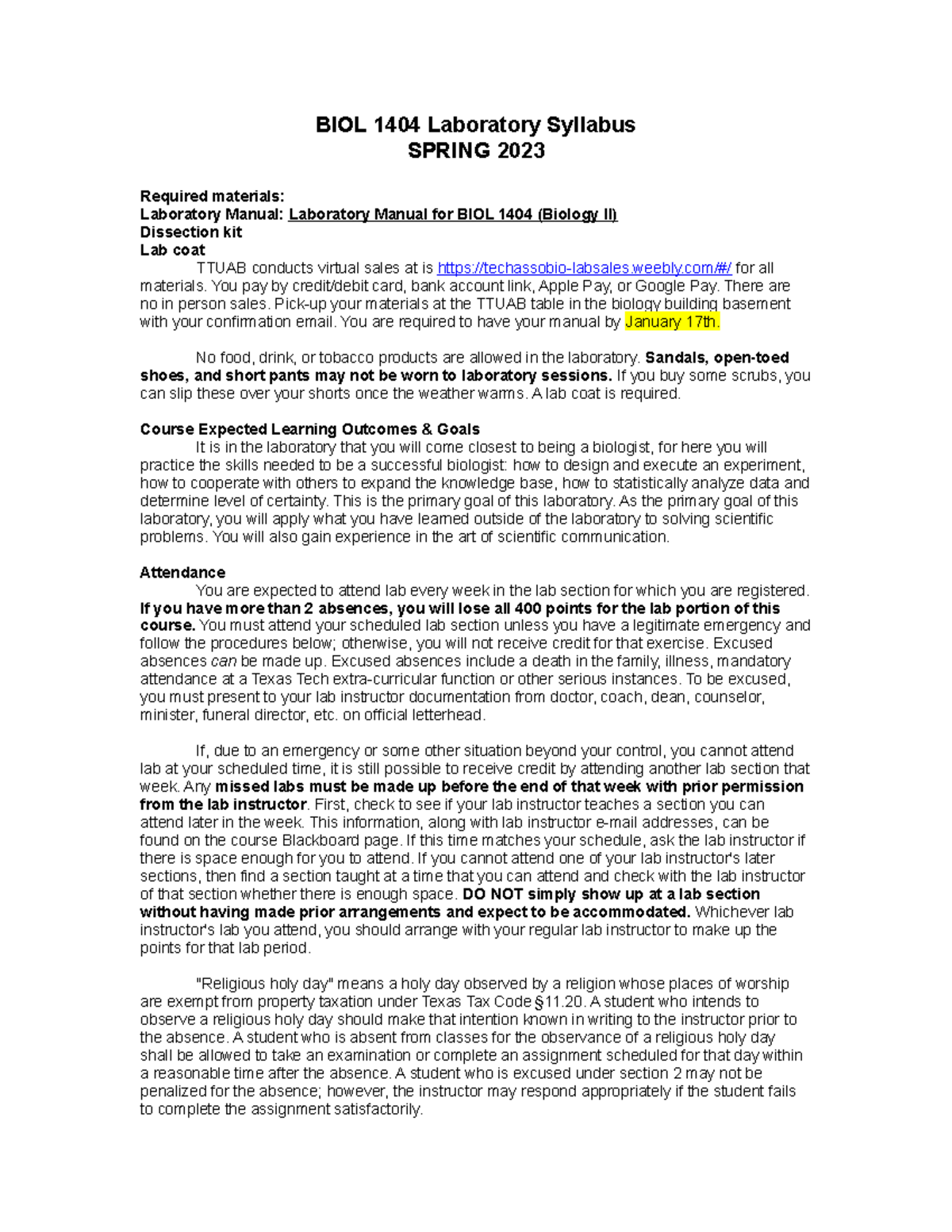 1404 Lab Syllabus S23 - BIOL 1404 Laboratory Syllabus SPRING 2023 ...