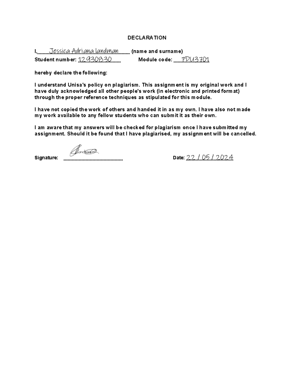 PDU3701 Assignment 2 - DECLARATION I, Jessica Adriana landman (name and ...