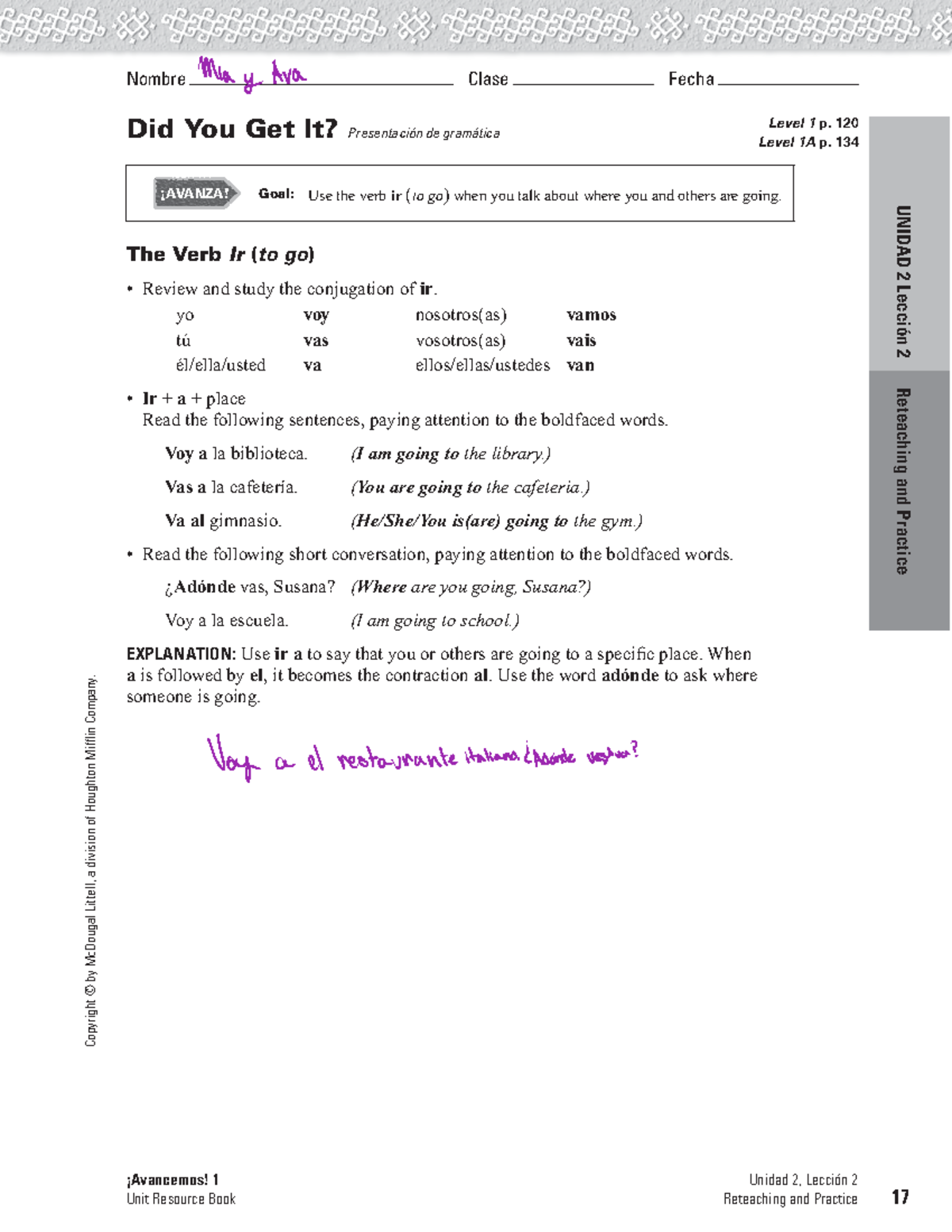 IR - to go worksheet 3 - Nombre Clase Fecha Copyright © by McDougal ...
