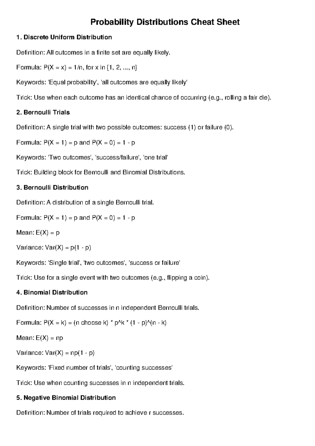 Probability distributions cheatsheet - Probability Distributions Cheat ...