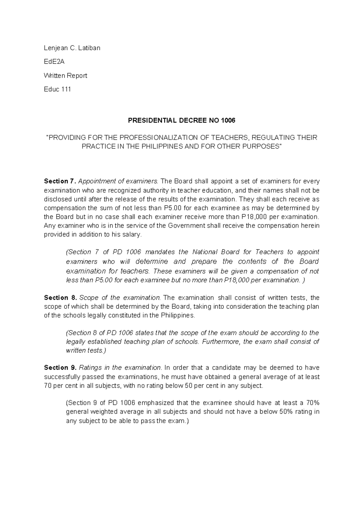 Presidential Decree 1006 - Lenjean C. Latiban EdE2A Written Report Educ ...