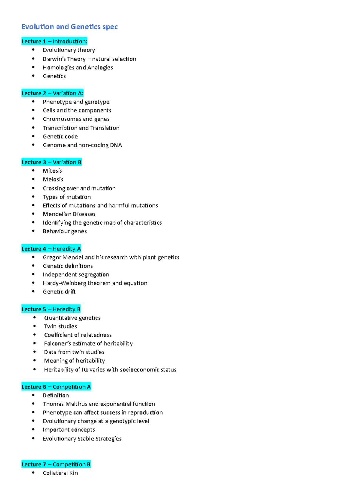 Evolution and Genetics spec - Evolution and Genetics spec Lecture 1 ...