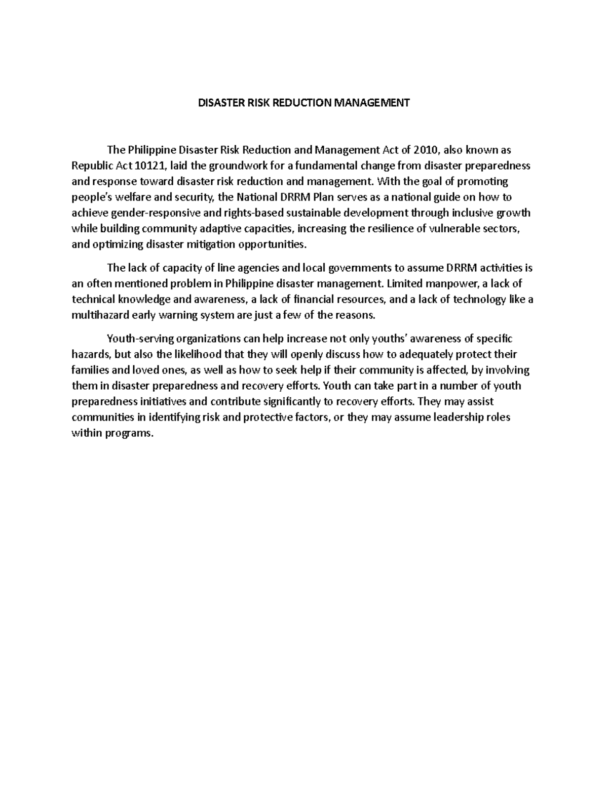 DDRM - N/A - DISASTER RISK REDUCTION MANAGEMENT The Philippine Disaster ...