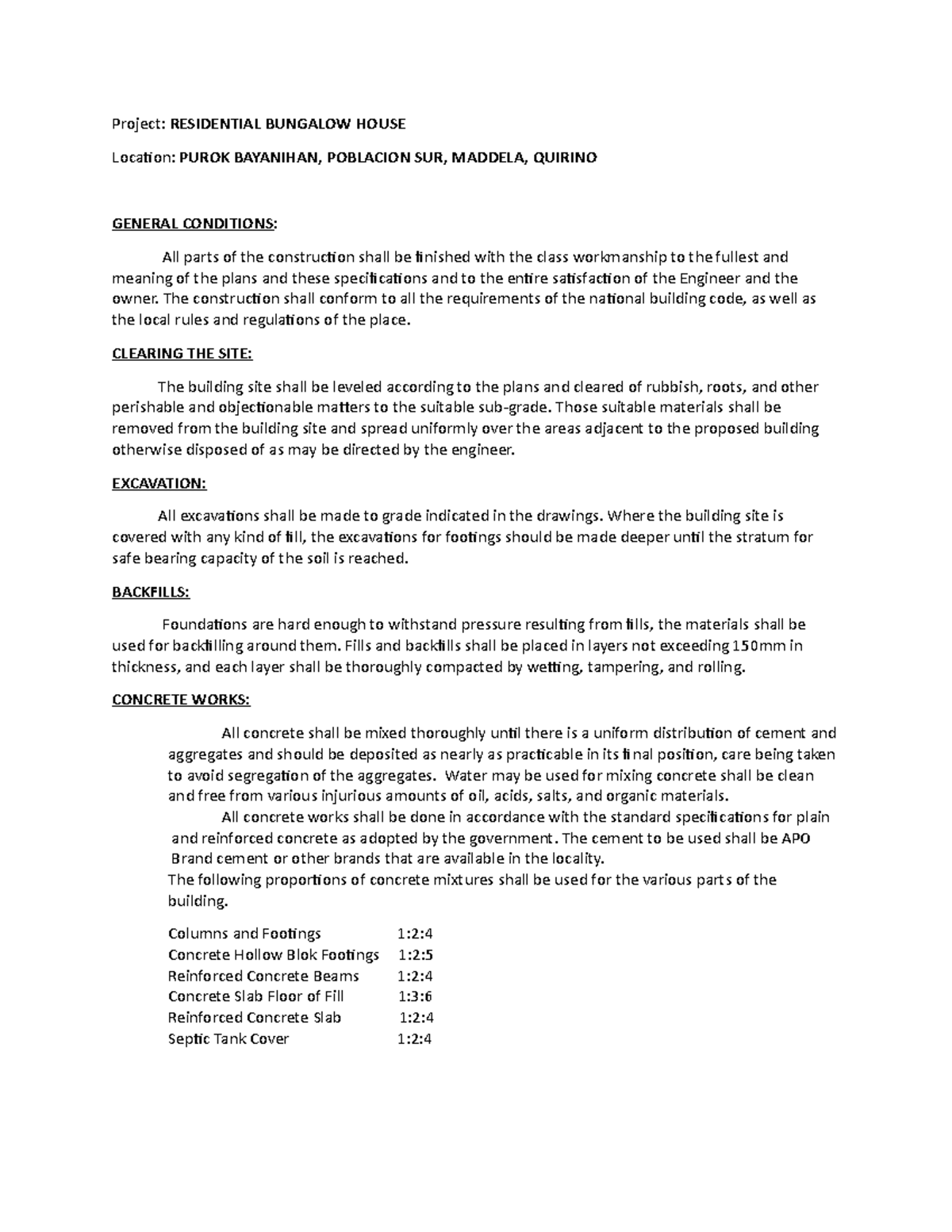 Specifications - LECTURE NOTE - Project: RESIDENTIAL BUNGALOW HOUSE ...