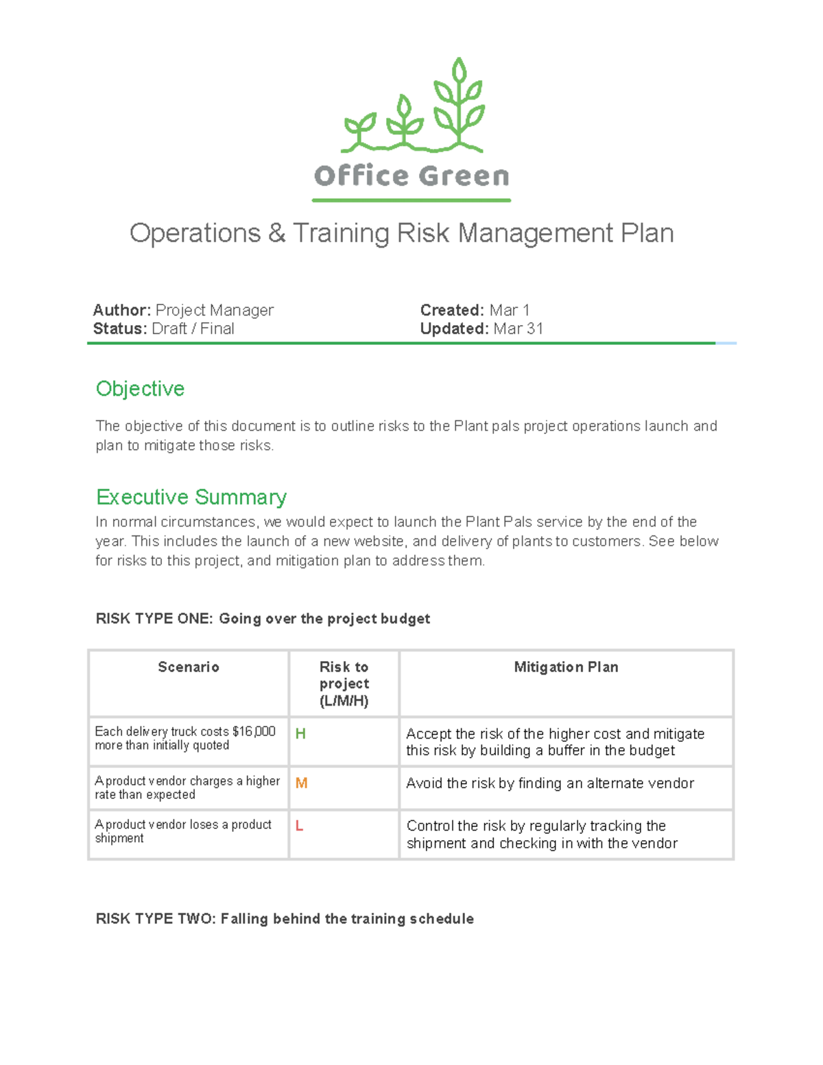 Activity Template Risk management plan - Operations & Training Risk ...
