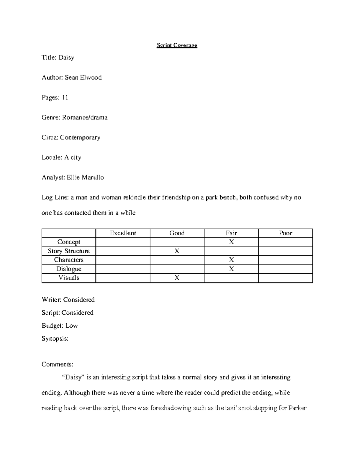 Script Coverage Classwork - Script Coverage Title: Daisy Author: Sean ...