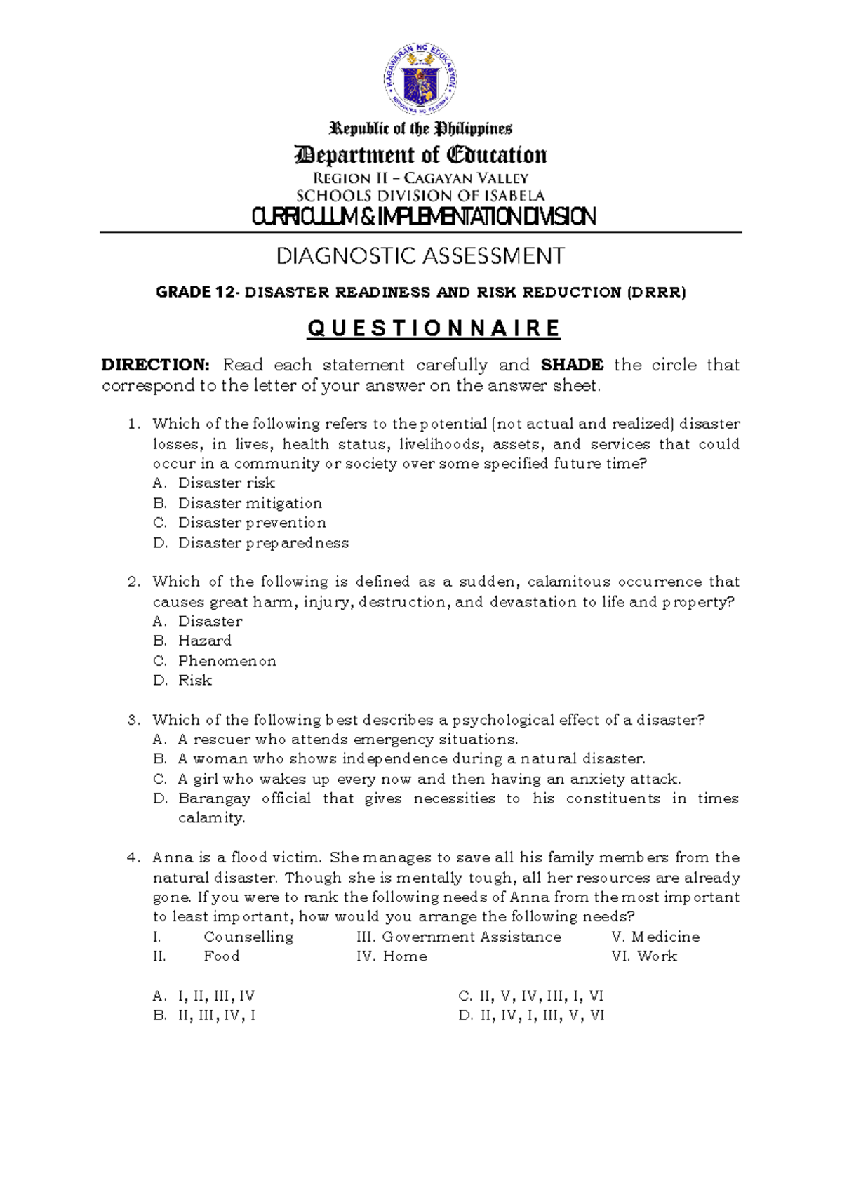 Grade 12-DRRR - nnnn - CURRICULUM & IMPLEMENTATION DIVISION DIAGNOSTIC ...