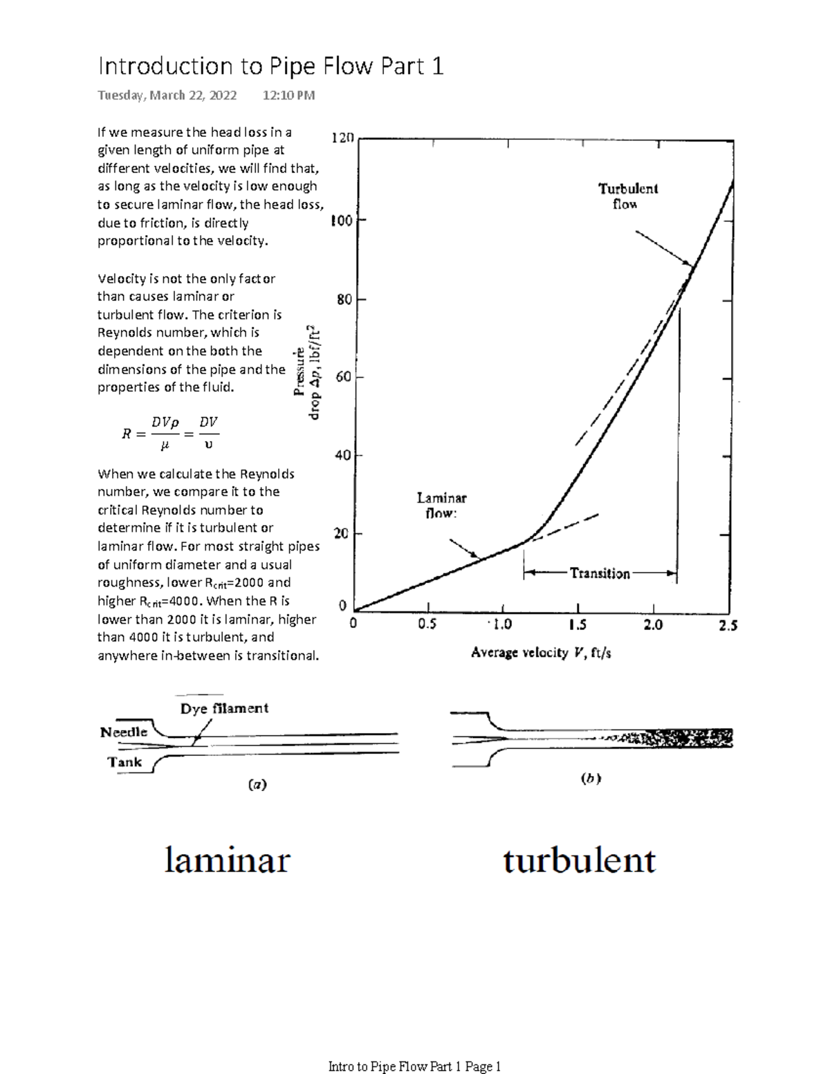 Introduction to Pipe Flow and Pipe Design - If we measure the head loss ...