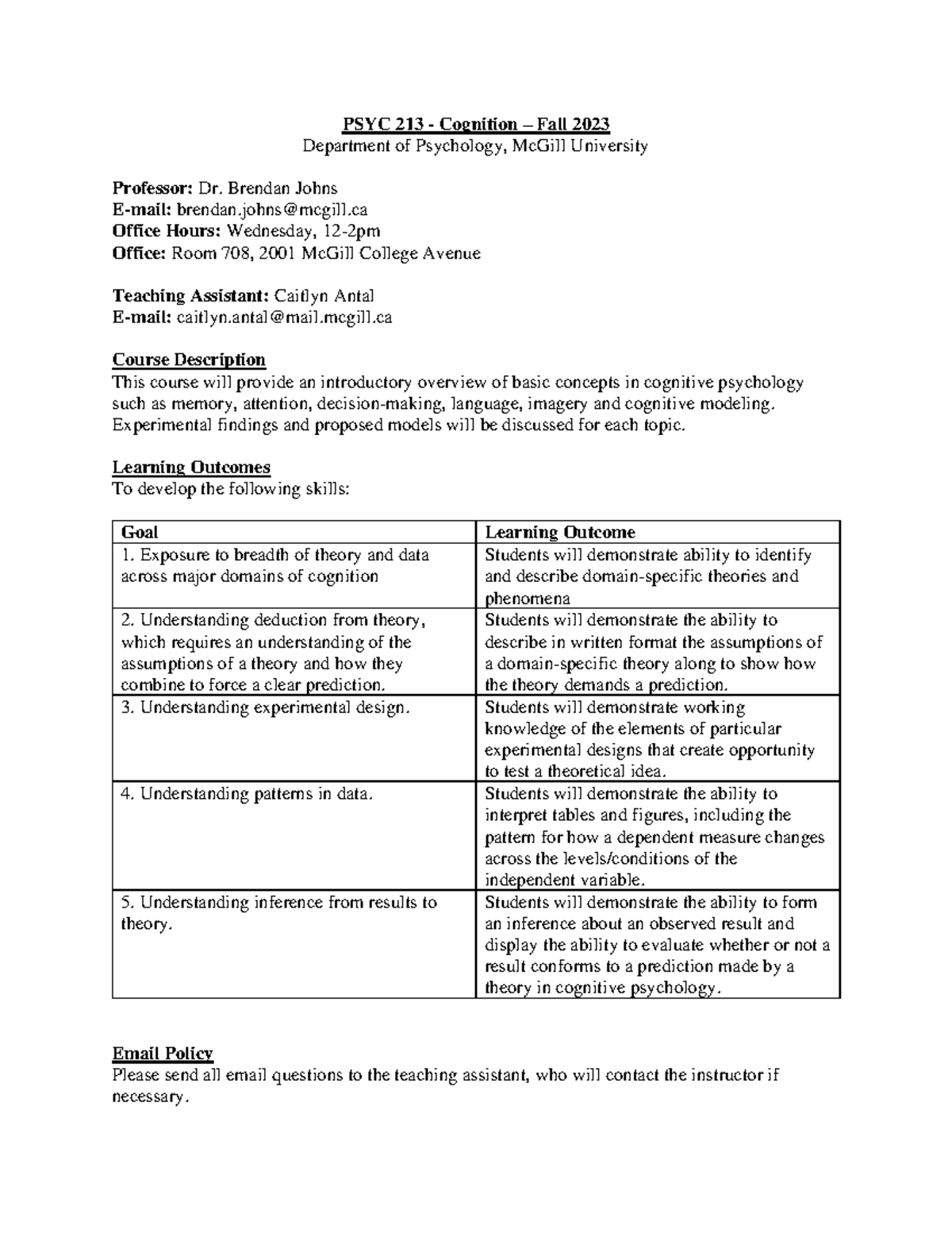 PSYC213 F2023 syllabus - Copy - PSYC 213 - Cognition – Fall 2023 Department of Psychology ...