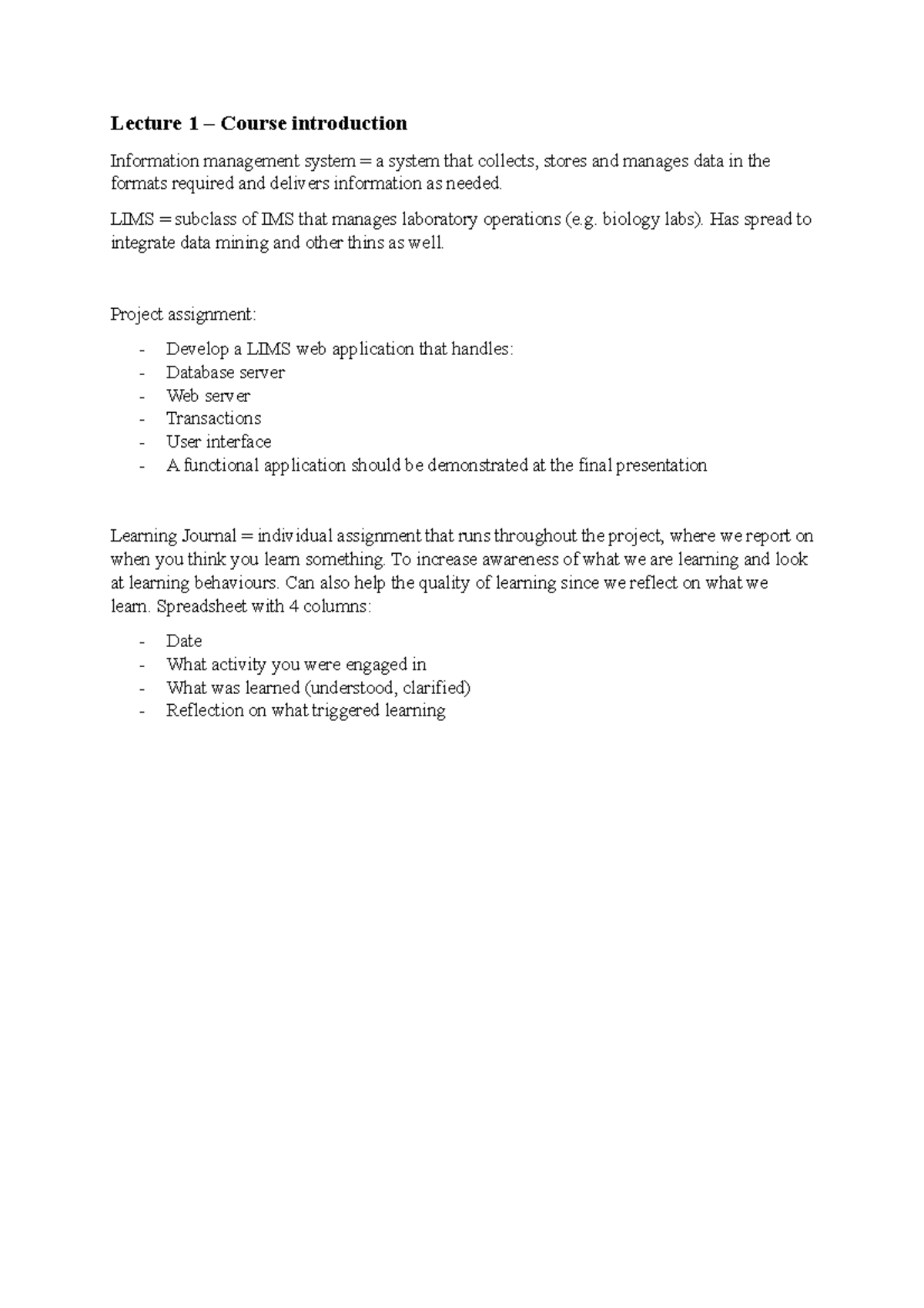 Lecture Notes Information Management Systems Lecture 1 Course