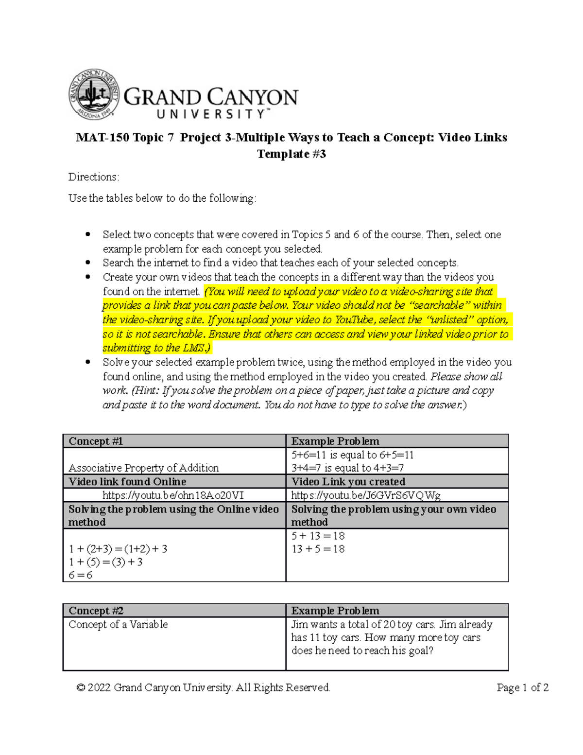 MAT-150-T7-Project 3-Multiple Ways to Teach a Concept Video Links ...