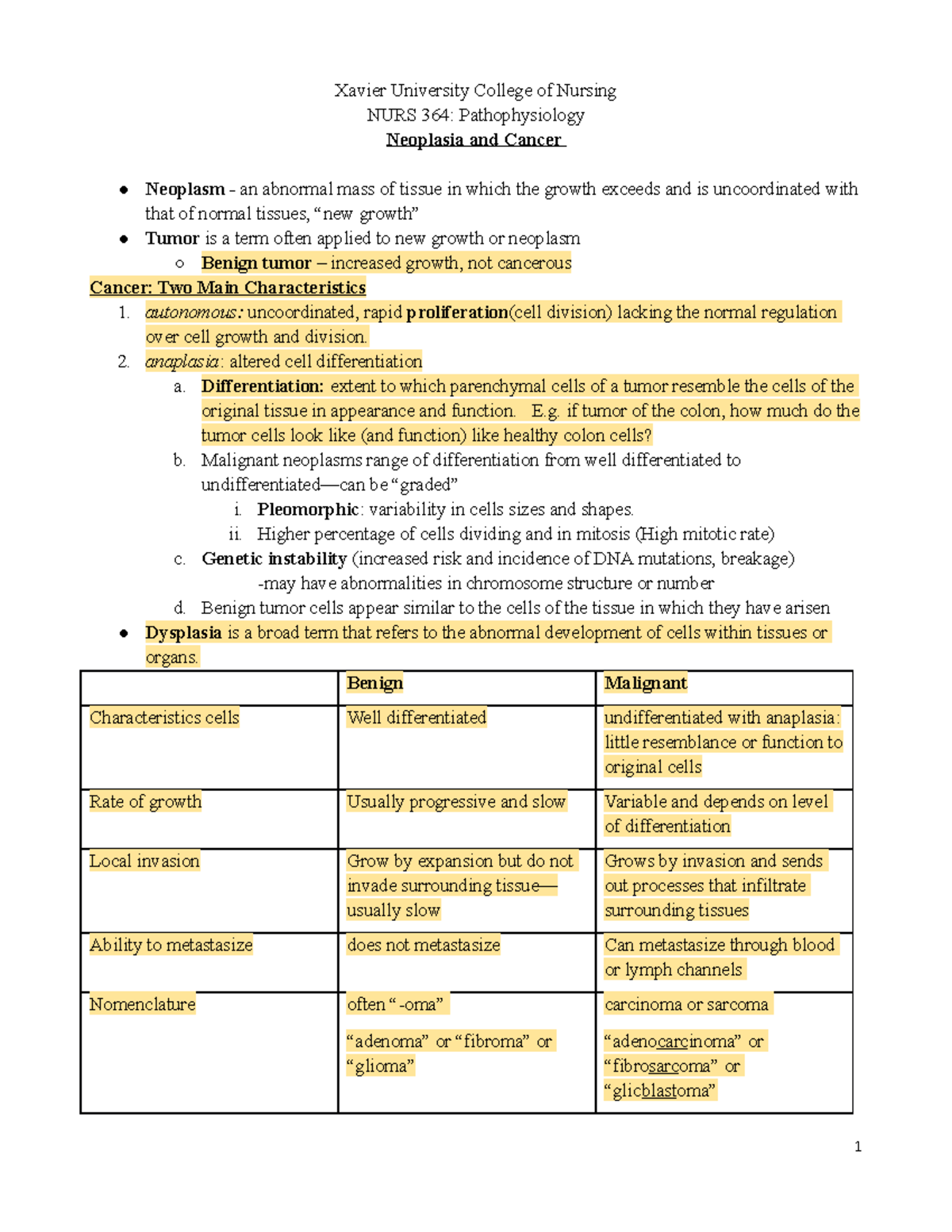 Neoplasia & Cancer (C2) - Xavier University College of Nursing NURS 364 ...