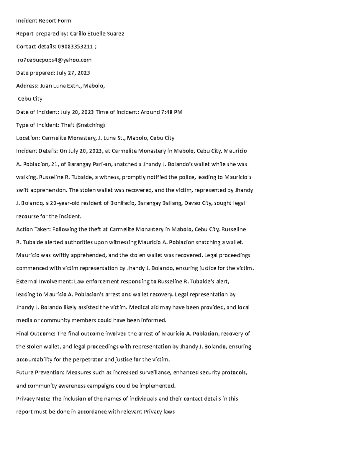 Incident Report Form66 - Incident Report Form Report prepared by ...