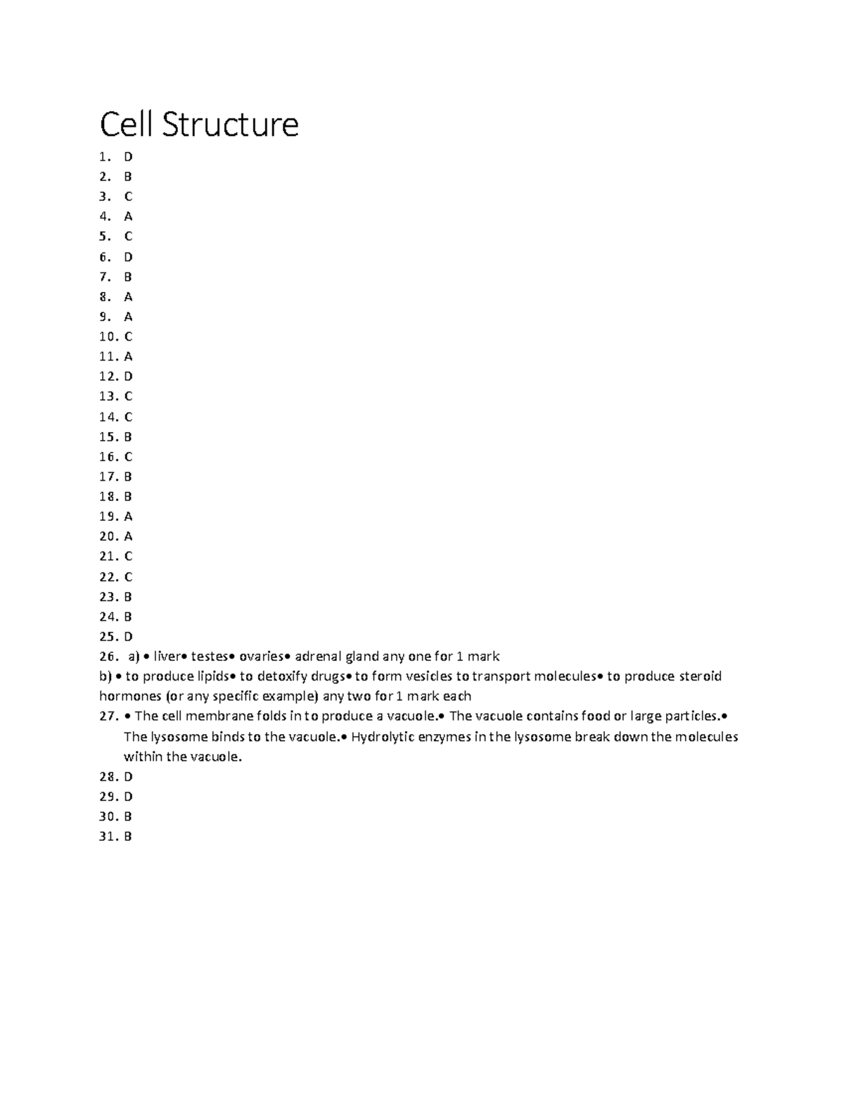 KEY - PE Questions Cell Processes - Cell Structure 1. D 2. B 3. C 4. A ...