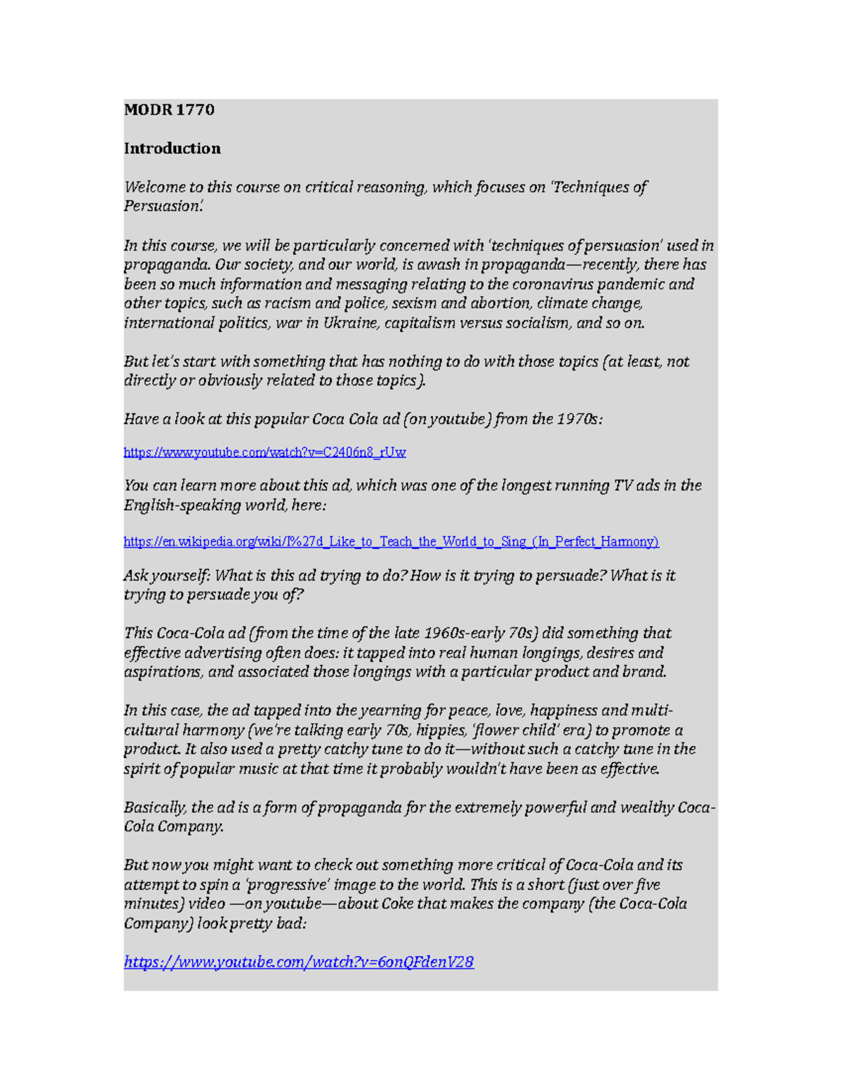 Lec 1 notes - MODR 1770 Introduction Welcome to this course on critical ...