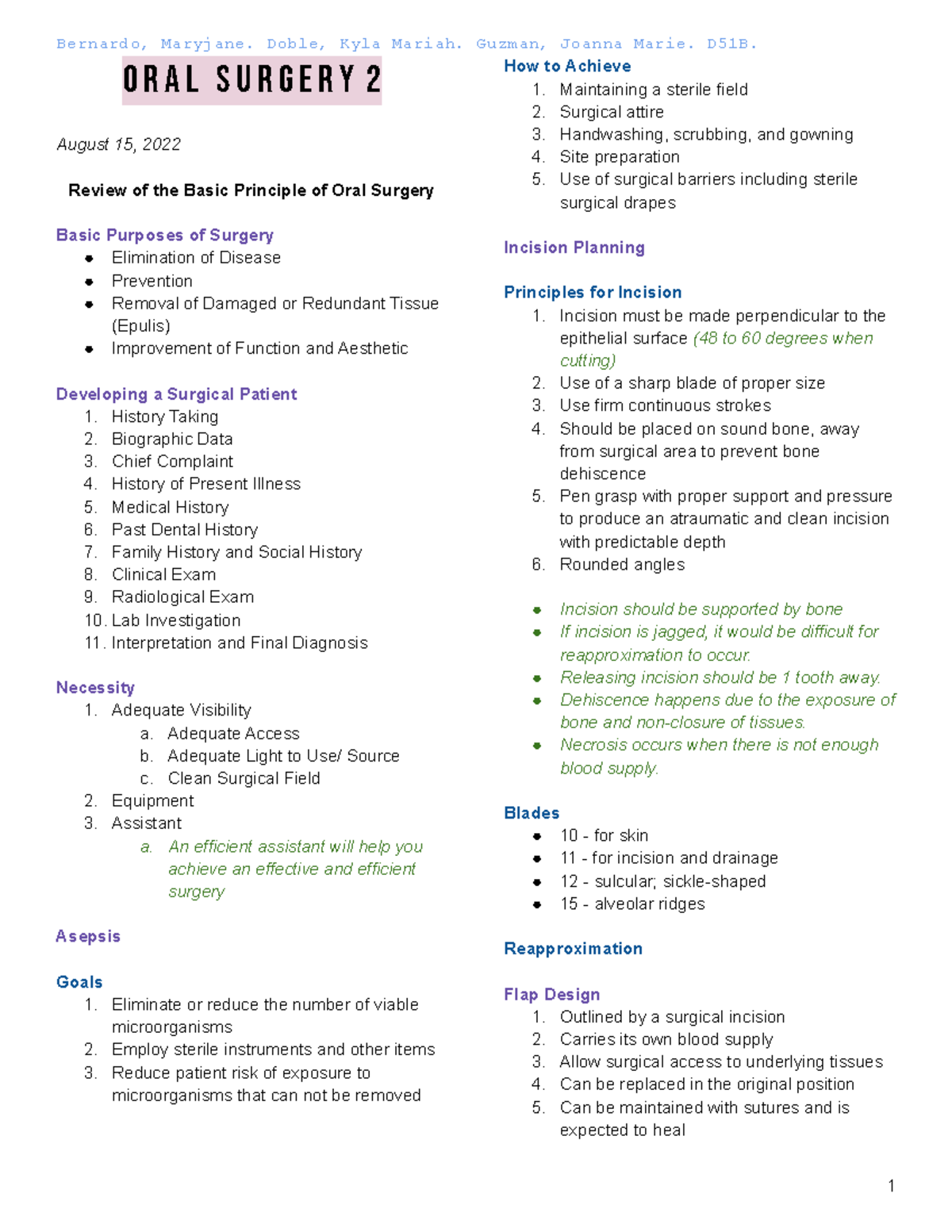 PN - Oral Surgery 2 - Lecture notes - O r a l S u r g e r y 2 August 15 ...