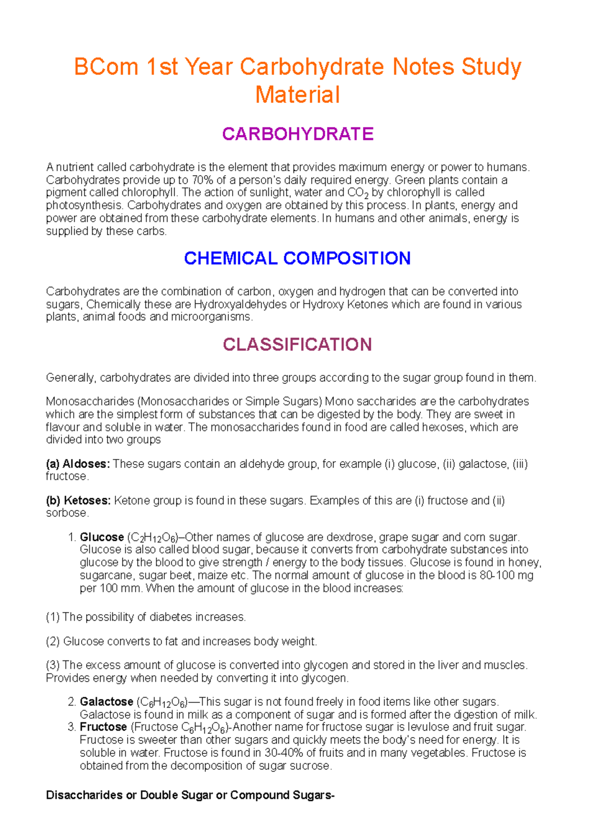 BCom 1st Year Carbohydrate Notes Study Material - BCom 1st Year ...