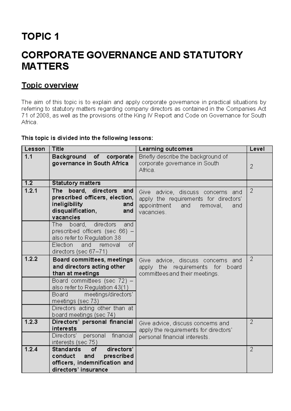 AUE2602 Study Guide - TOPIC 1 CORPORATE GOVERNANCE AND STATUTORY ...