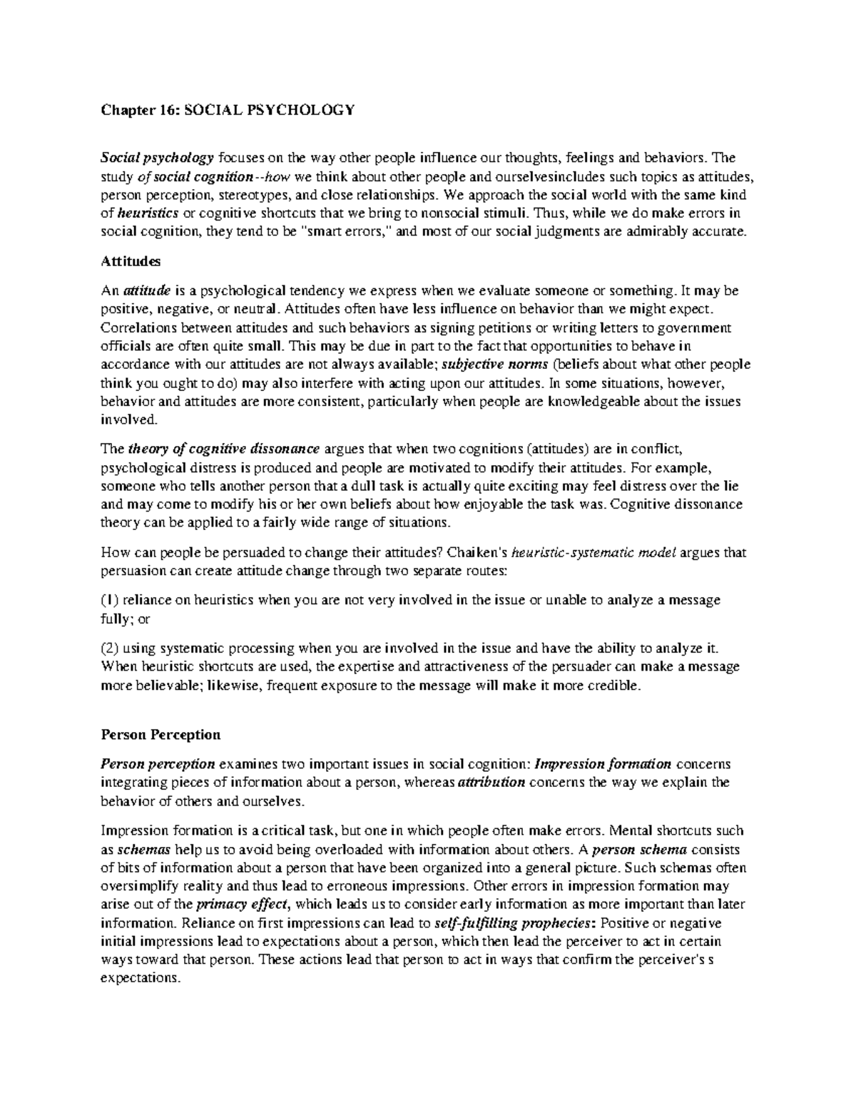 Lecture note 12 - class note - Chapter 16: SOCIAL PSYCHOLOGY Social ...