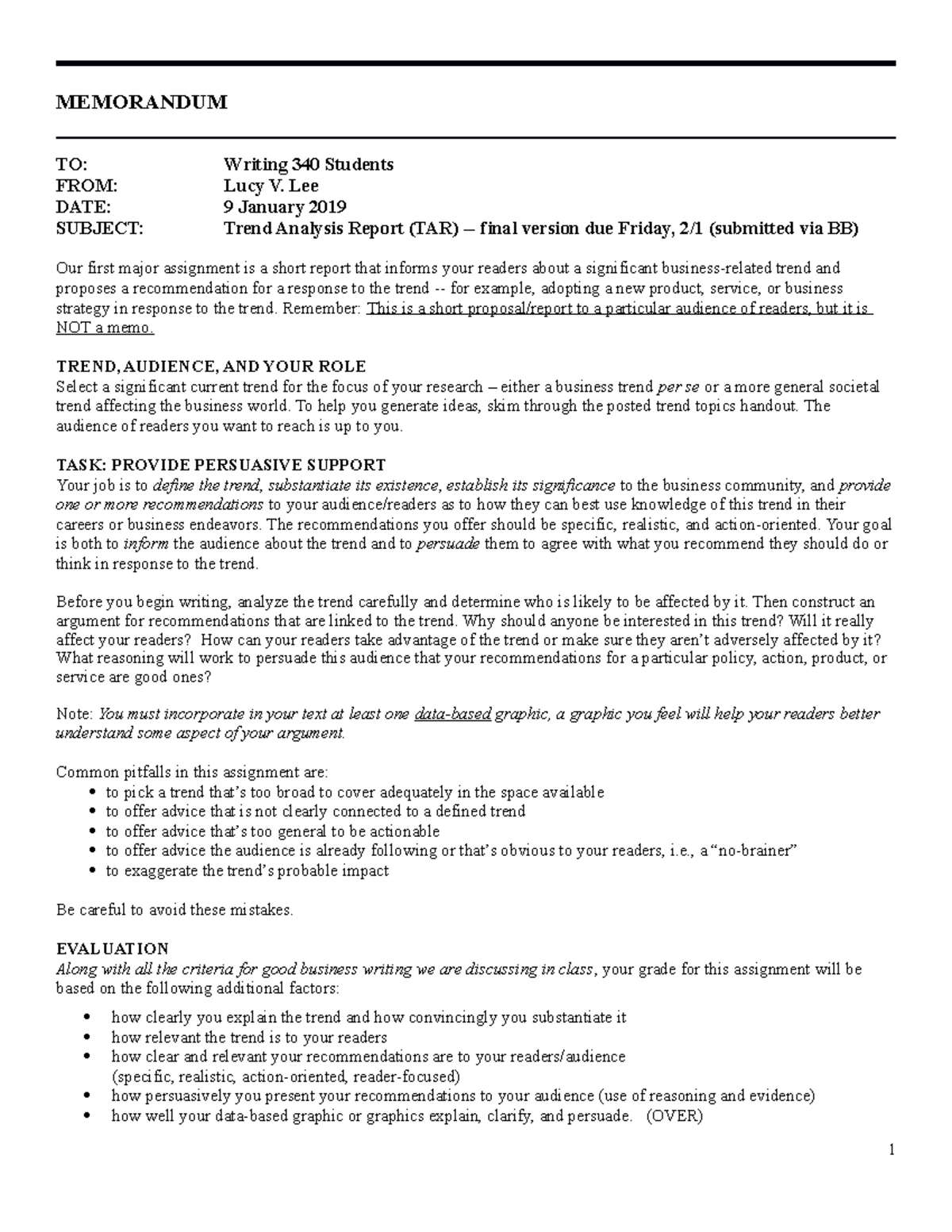 Trend Analysis Spring 2019 - MEMORANDUM TO: FROM: DATE: SUBJECT ...