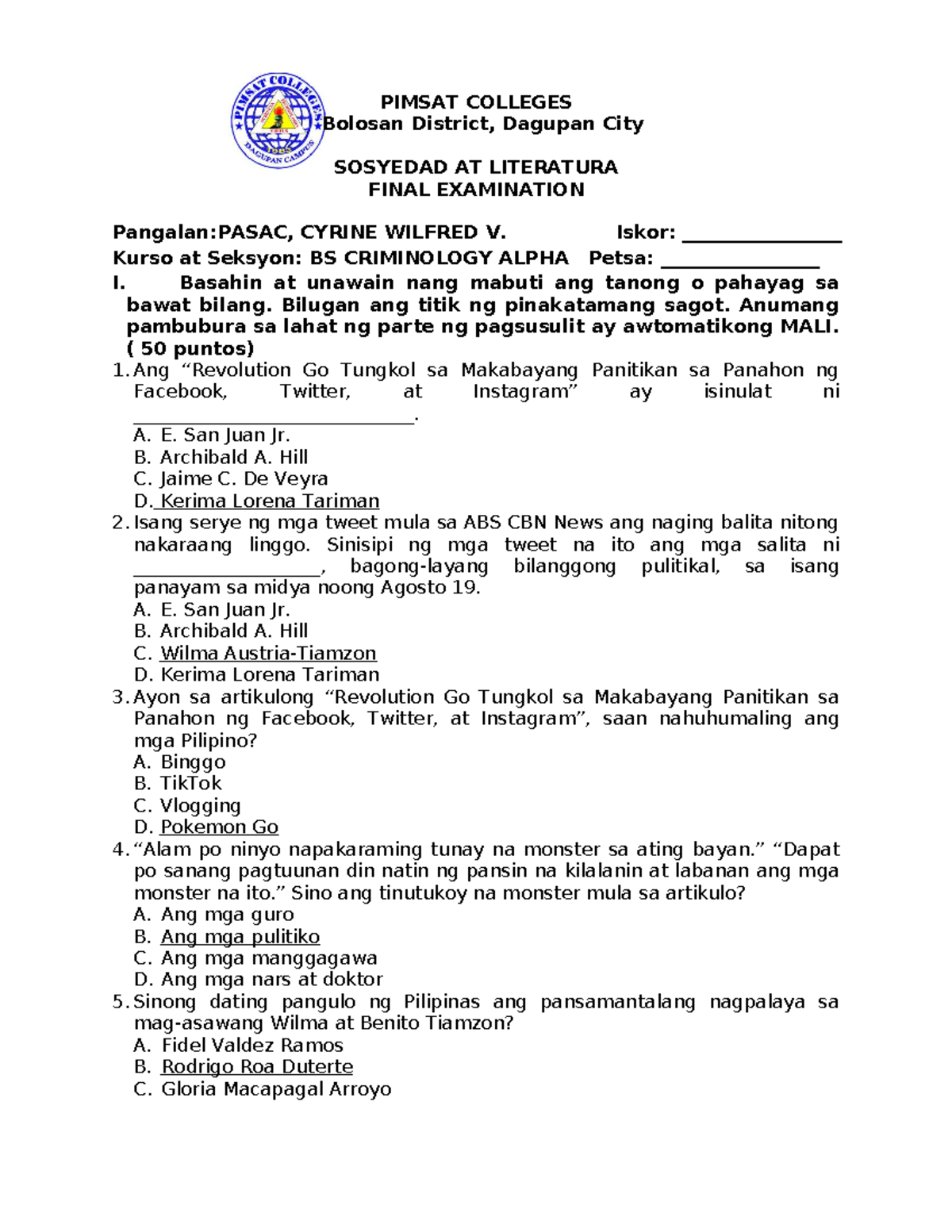 Soslit-Final-Exam - PIMSAT COLLEGES Bolosan District, Dagupan City ...