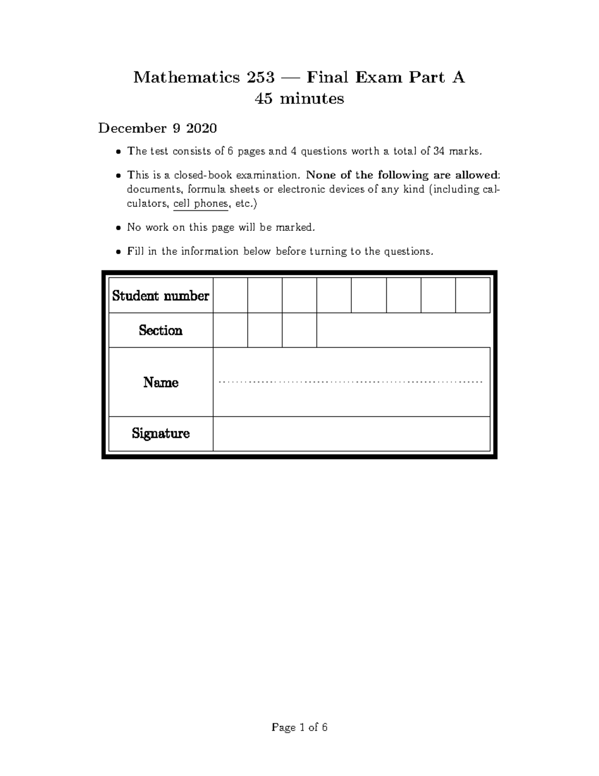 253 2020 exam A - Math 253 Multivariable calculus 2020 practice exam A ...