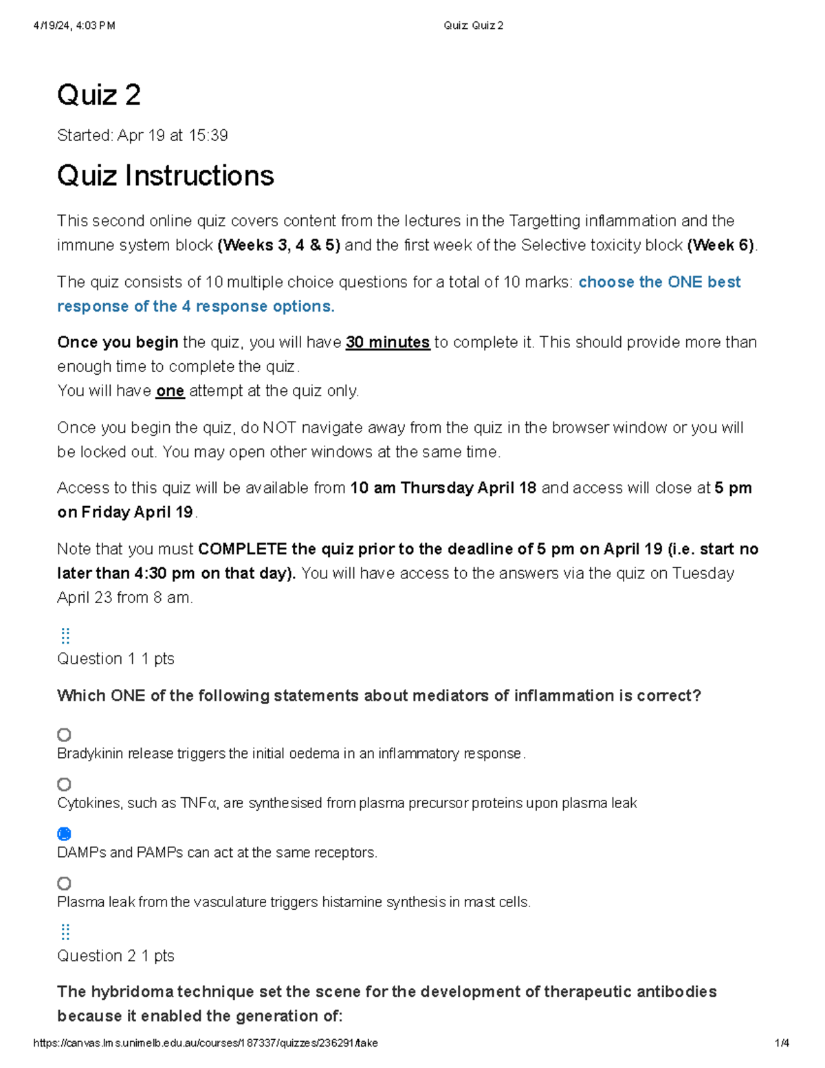 Quiz Quiz 2 - moai - Quiz 2 Started: Apr 19 at 15: Quiz Instructions Question 1 1 pts Question 2 ...