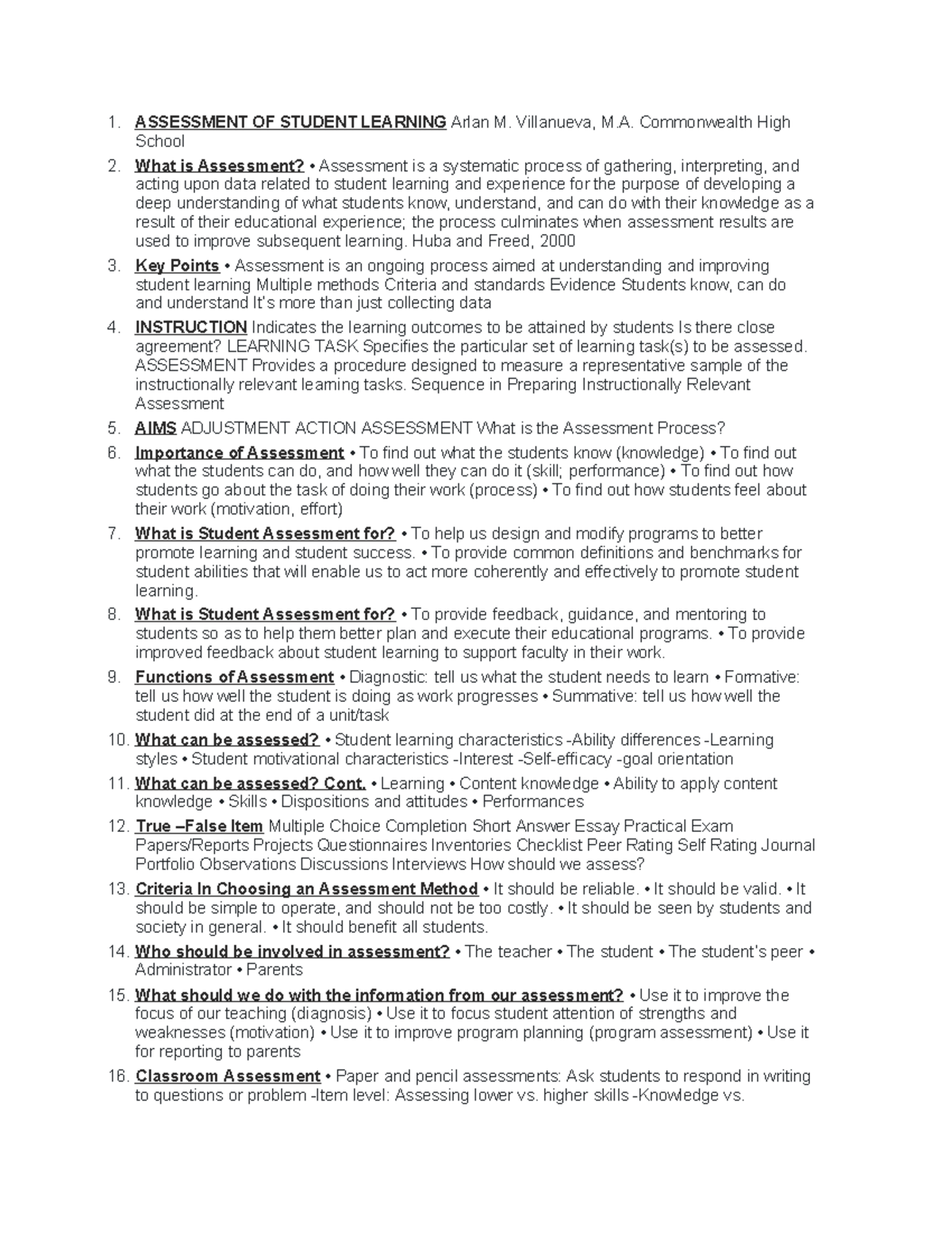 Assessment OF Student Learning - ASSESSMENT OF STUDENT LEARNING Arlan M ...