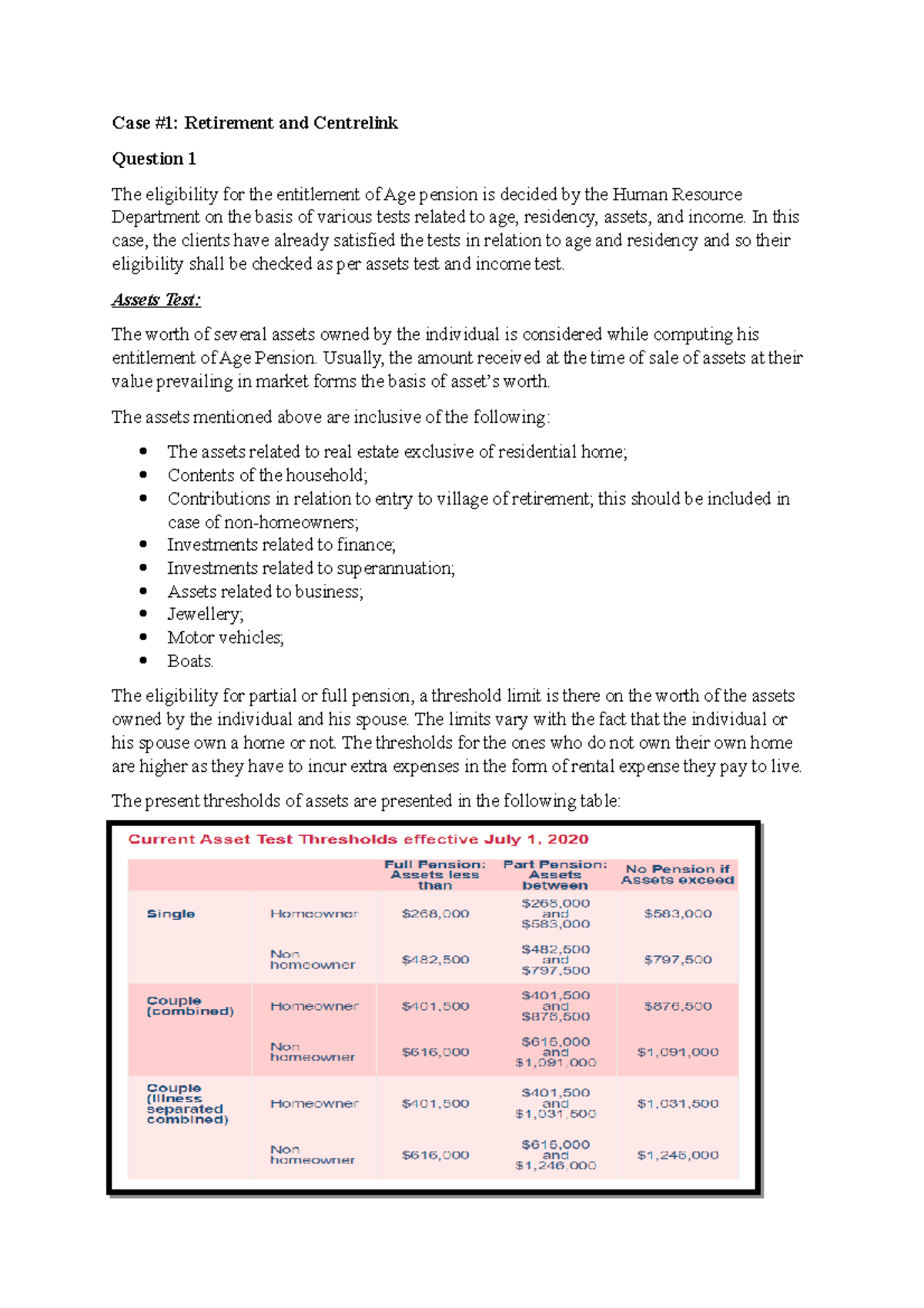 Retirement assessment - Case #1: Retirement and Centrelink Question 1 ...