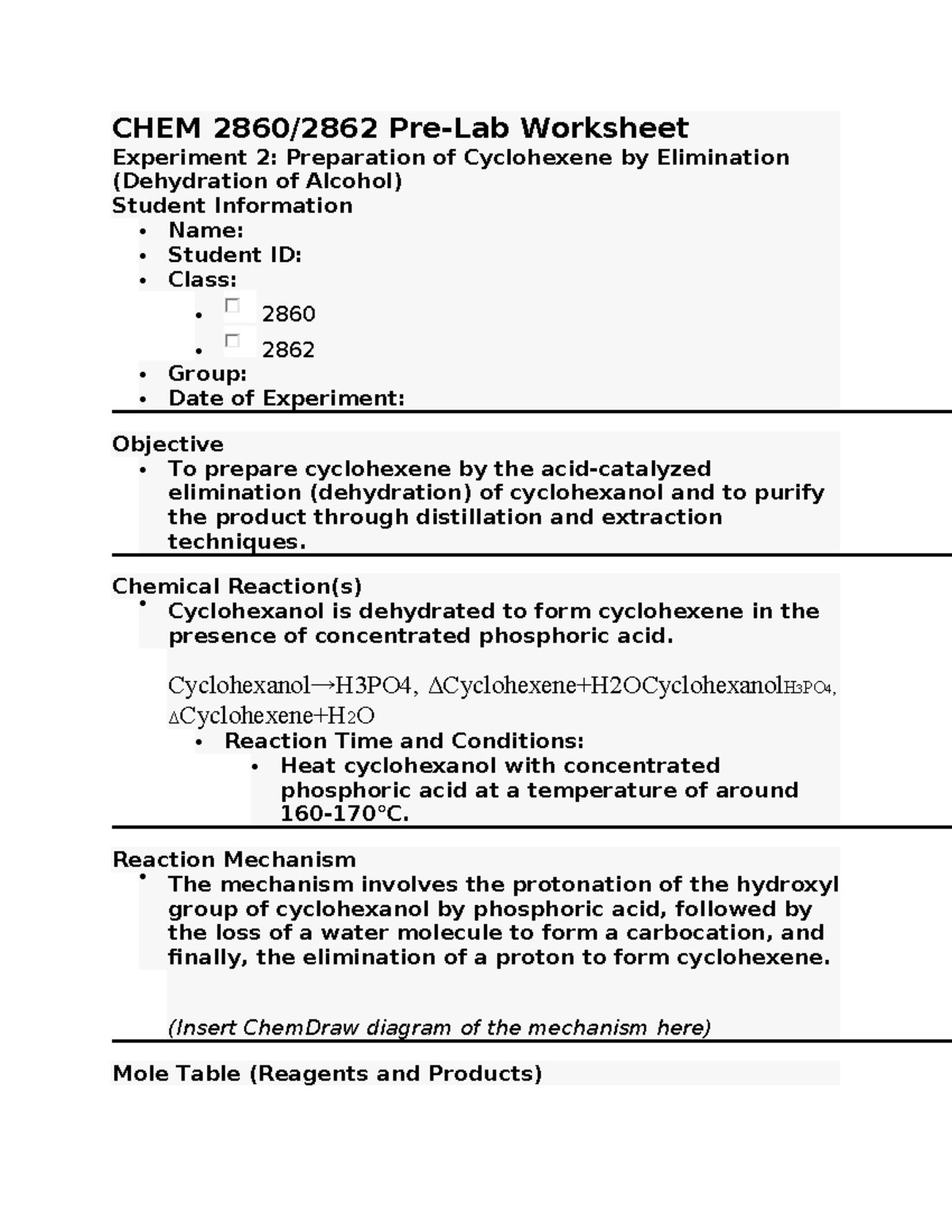 Lab2 pre 1 ans - Lab2 pre 1 ans. - CHEM 2860/2862 Pre-Lab Worksheet Experiment 2: Preparation of ...