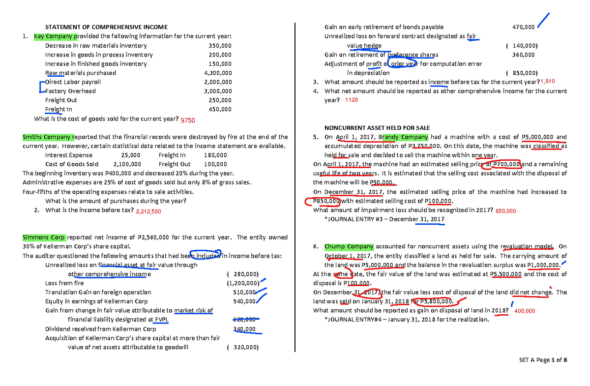 Review Problems Midterm EXAM - STATEMENT OF COMPREHENSIVE INCOME Kay ...