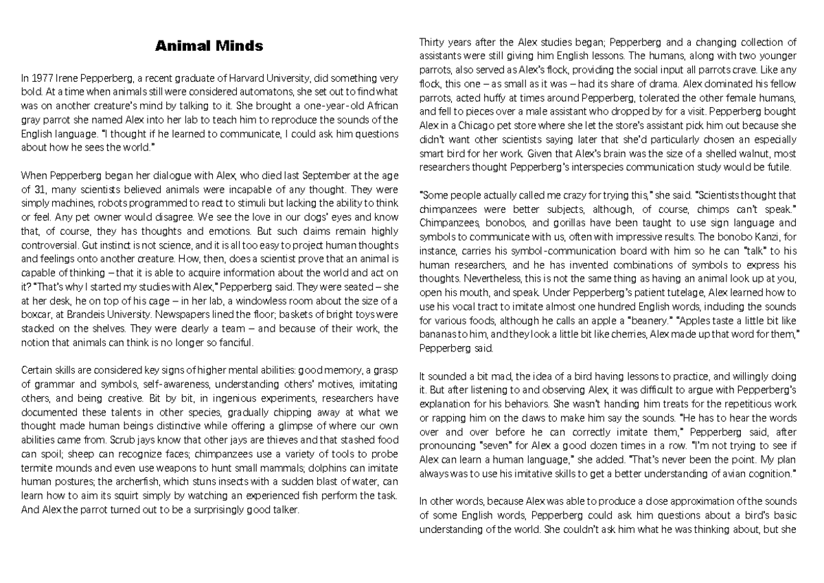 Animal Minds - ssdfdfd - Animal Minds In 1977 Irene Pepperberg, a ...