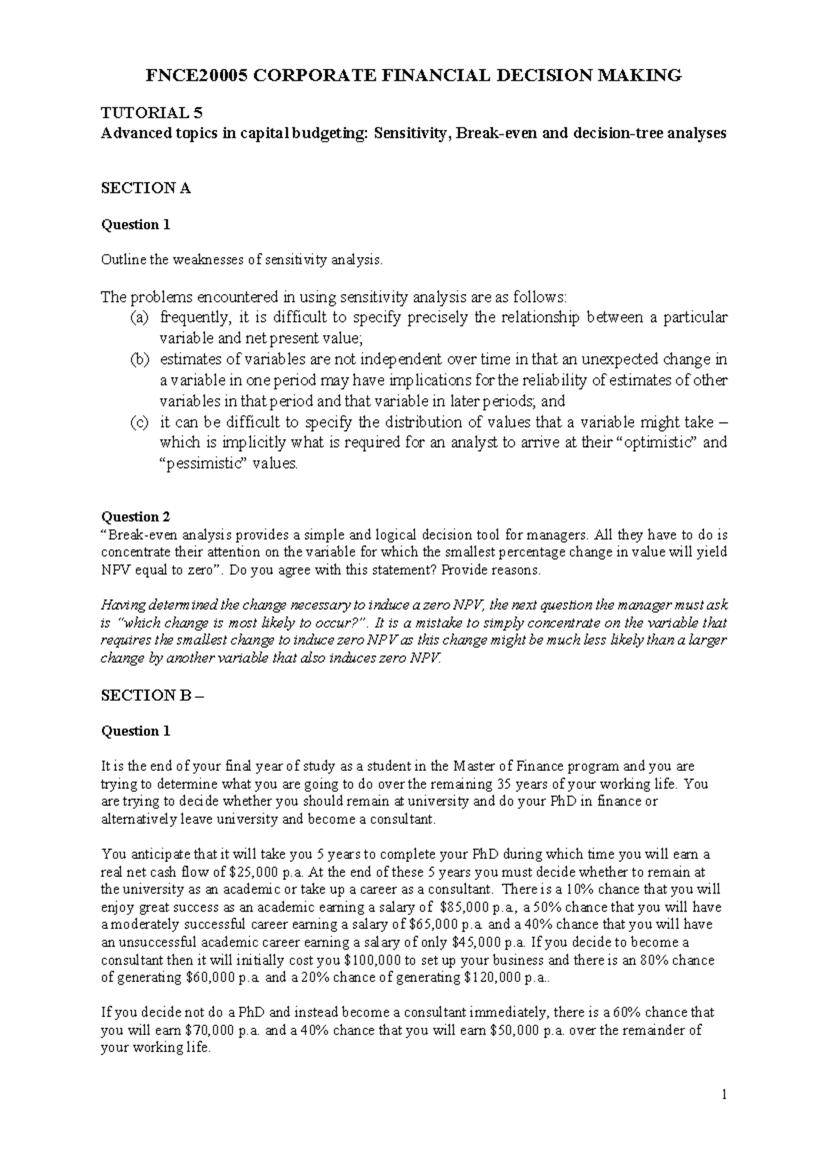 Tutorial 5 2023 with solutions - 1 FNCE20005 CORPORATE FINANCIAL ...