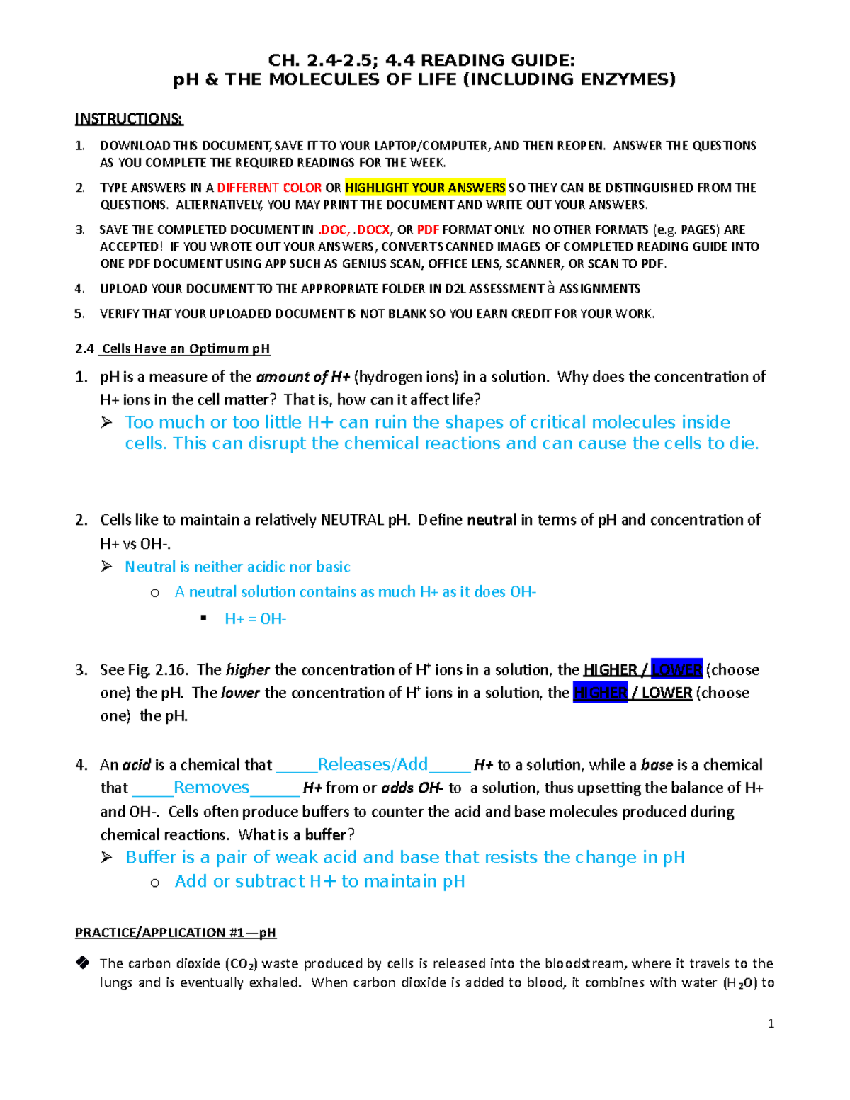 Reading Guide-CH. 2.4-2.5, 4.4 p H and Molecules OF LIFE ( Including ...
