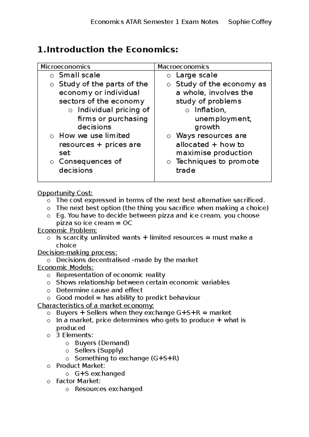 Economics ATAR Semester 1 Exam Notes - 1 the Economics: Microeconomics ...