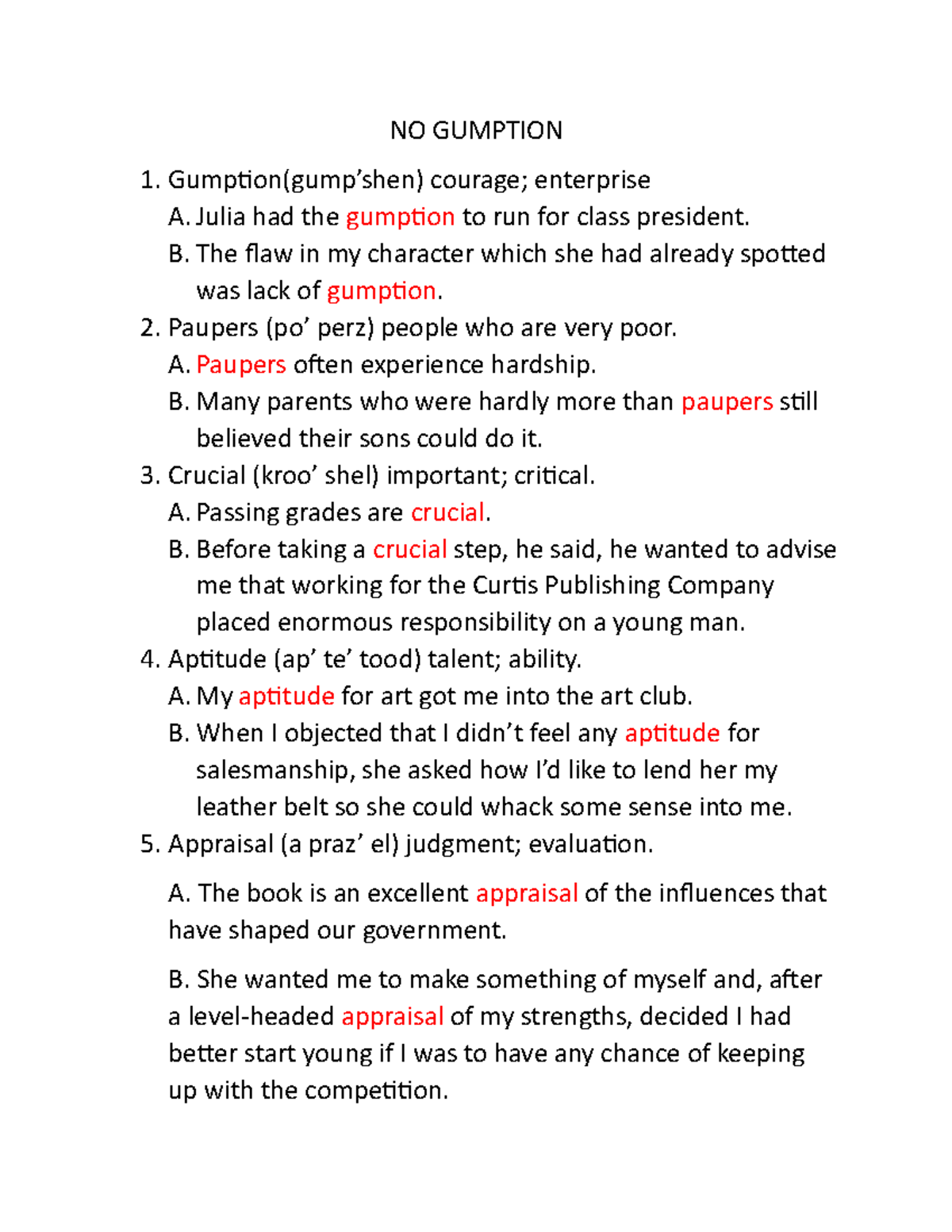 NO Gumption Vocabulary-2 - NO GUMPTION Gumption(gump’shen) courage ...