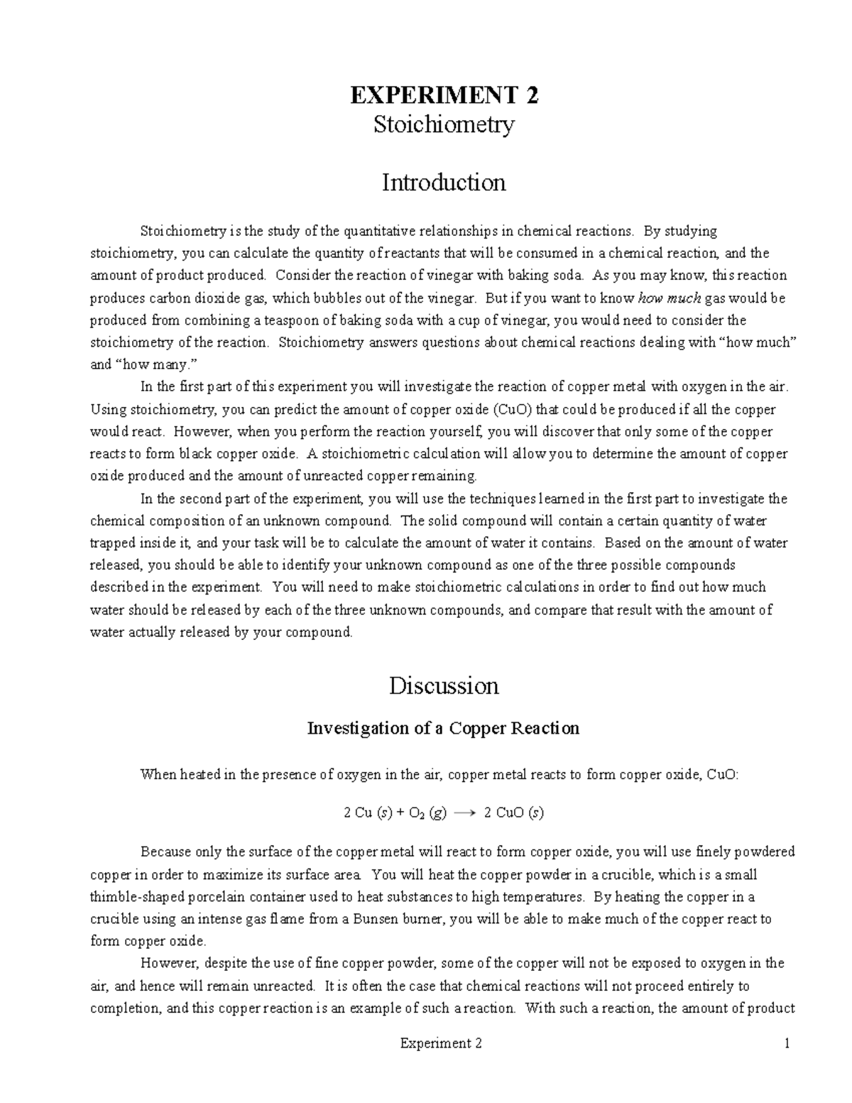 Experiment 2 - Notes - EXPERIMENT 2 Stoichiometry Introduction ...