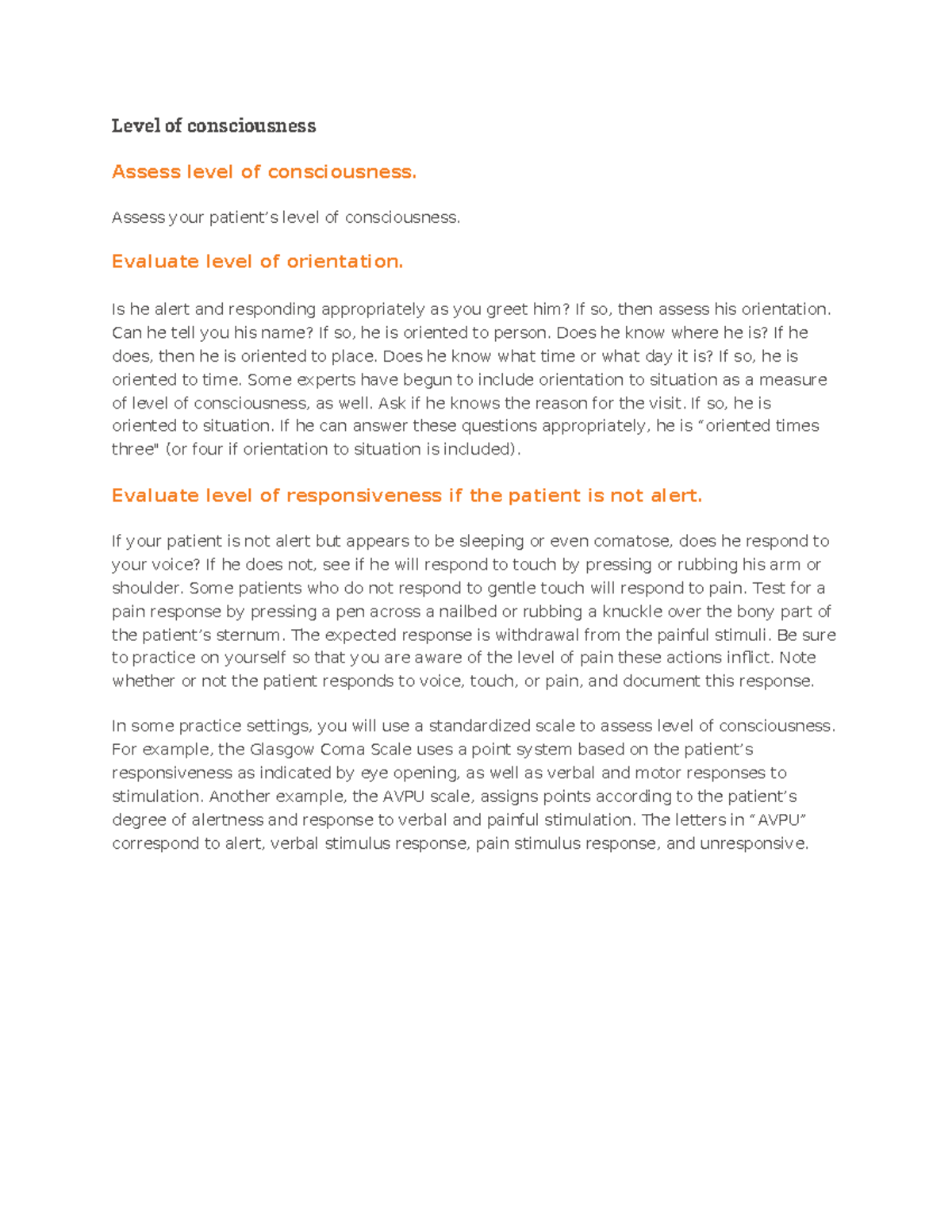Physical Assessment from ATI - Level of consciousness Assess level of ...