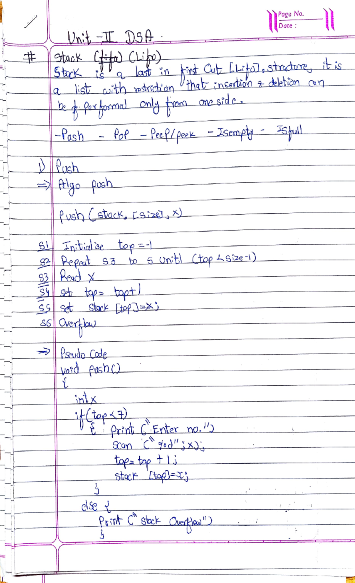 Dsa unit 2 part 1 - Page No. Date n-TDSA tack tt CLi) Stok as las in ...