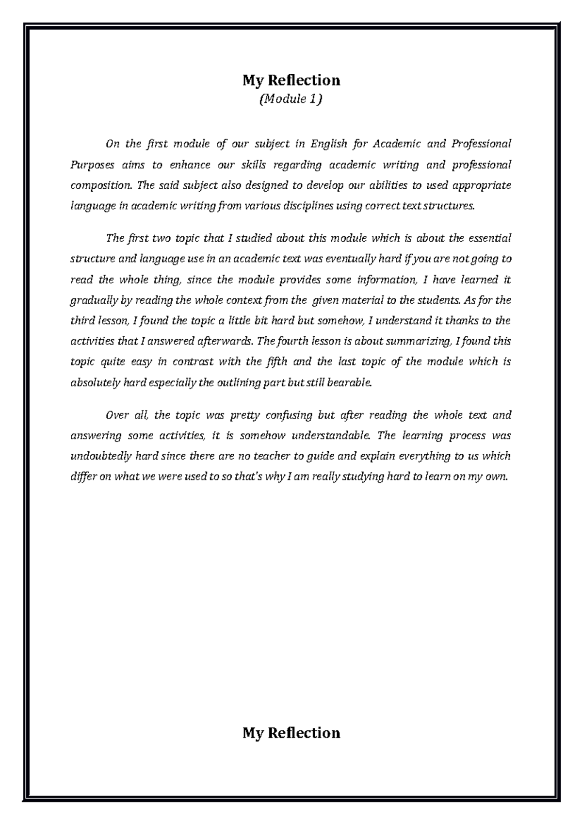 My Reflection in Business Finance - My Reflection (Module 1) On the first module of our subject ...