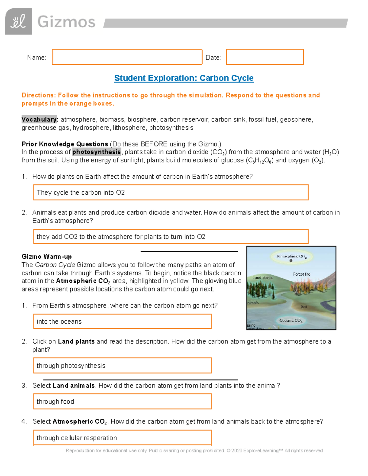 Copy of Carbon Cycle SE - Name: Date: Student Exploration: Carbon Cycle ...