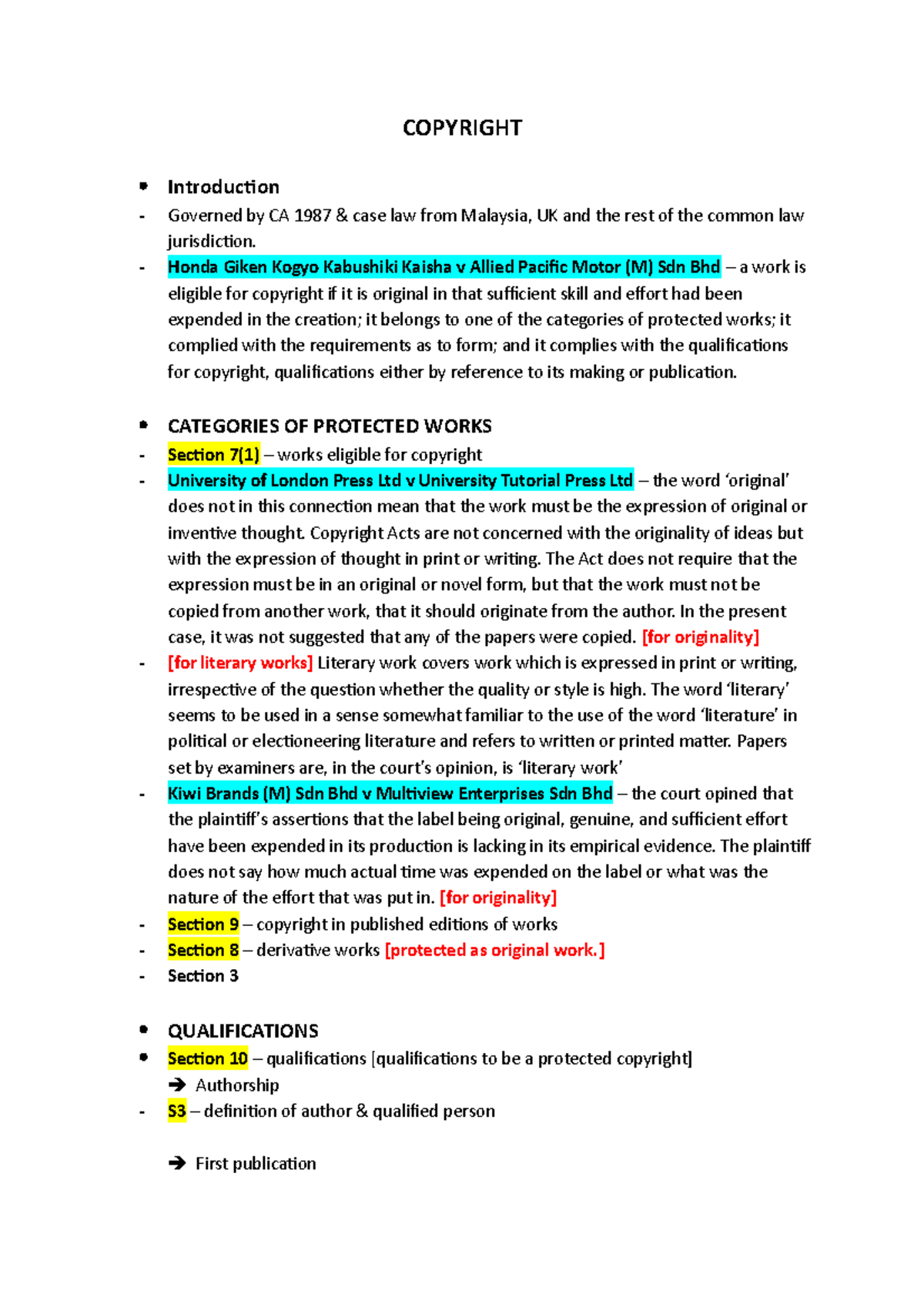 Copyright notes - COPYRIGHT Introduction Governed by CA 1987 & case law ...