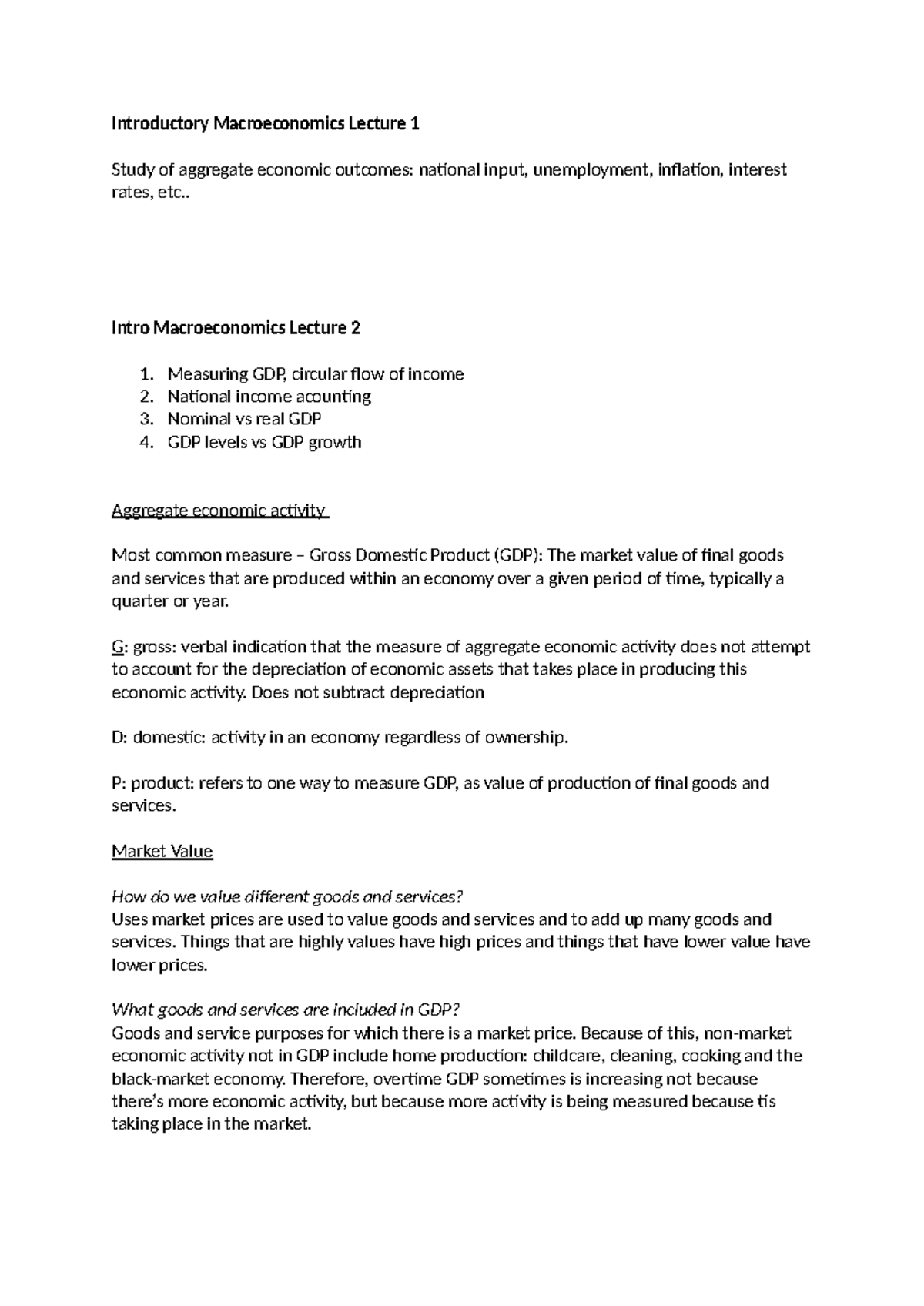 Introductory Macroeconomics Week 1 - Introductory Macroeconomics Lecture 1 Study of aggregate ...